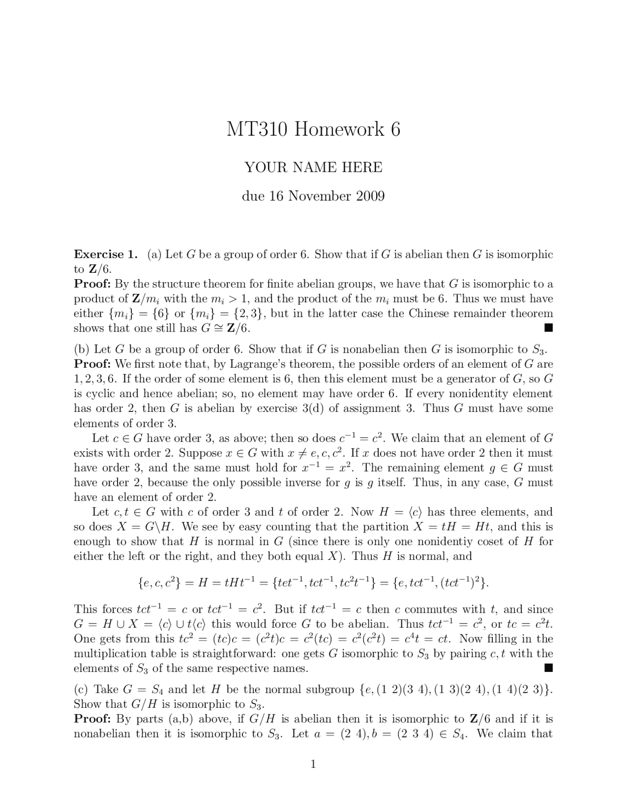 Homework Six Solved Introduction To Abstract Algebra Mt 310 Docsity