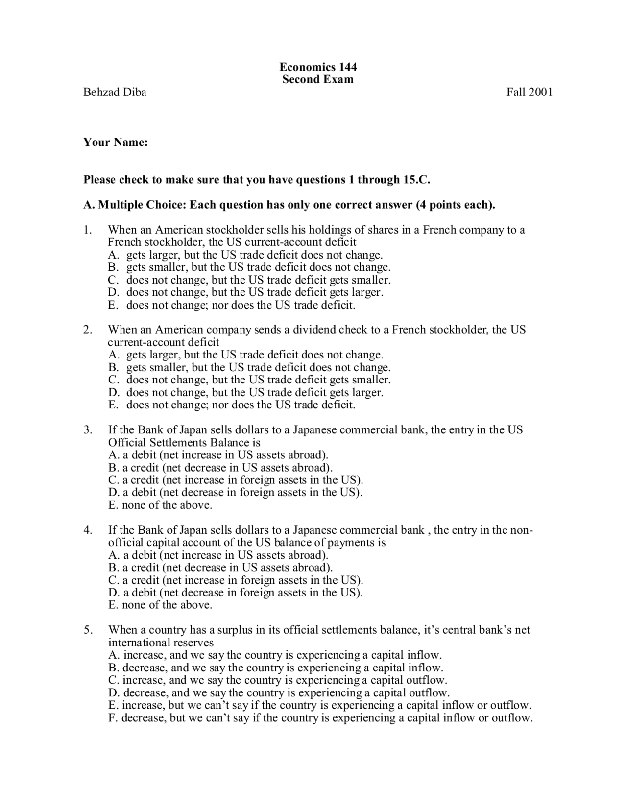 Second Exam Questions For International Finance Econ 244 Docsity