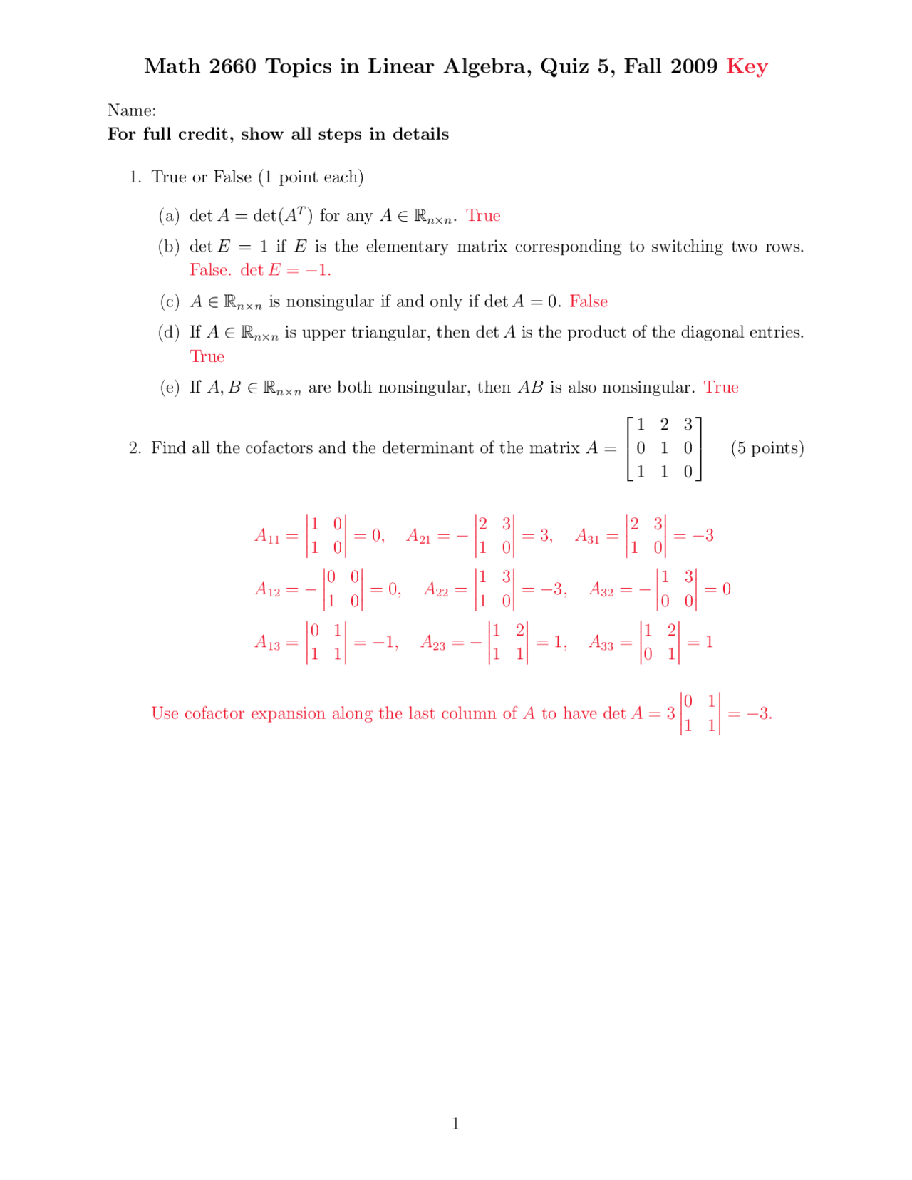 Quiz 5 With Solutions Linear Algebra Fall 2009 Math 2660 Docsity