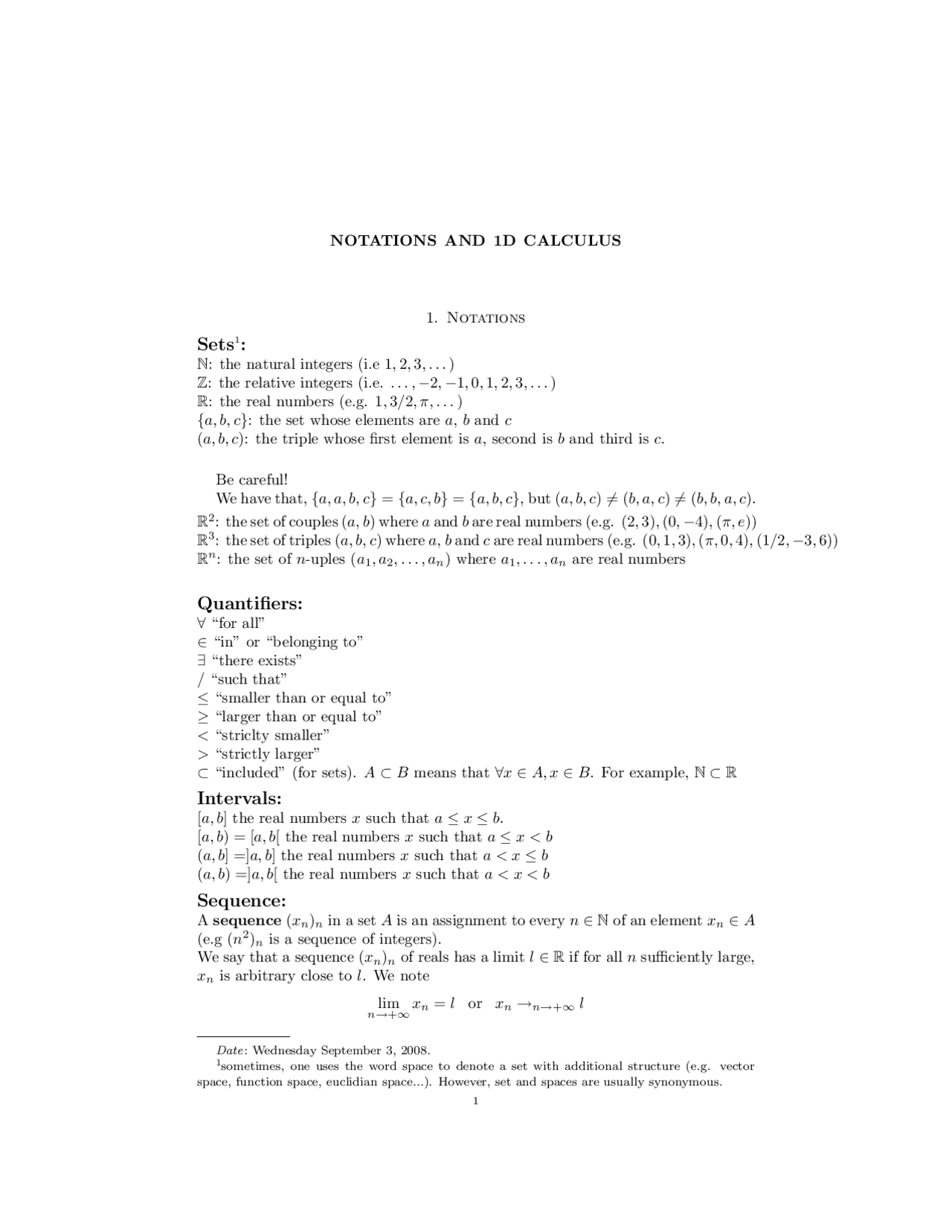 Notations And 1d Calculus Handout Math 0350 Docsity