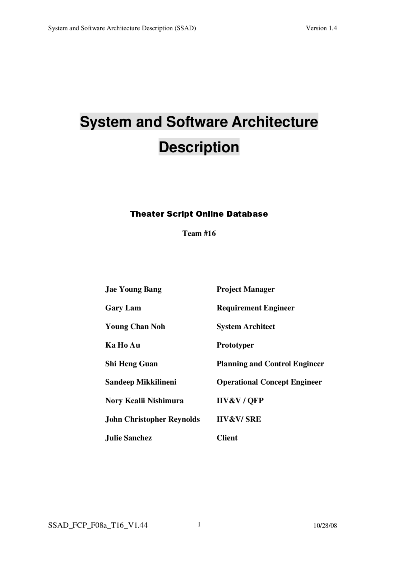 System and Software Architecture Description | AME 577 - Docsity