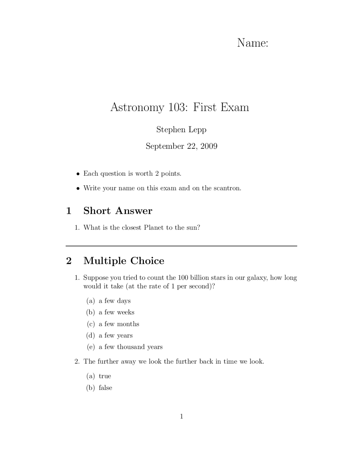 Questions For Exam 1 Introductory Astronomy The Solar System Ast