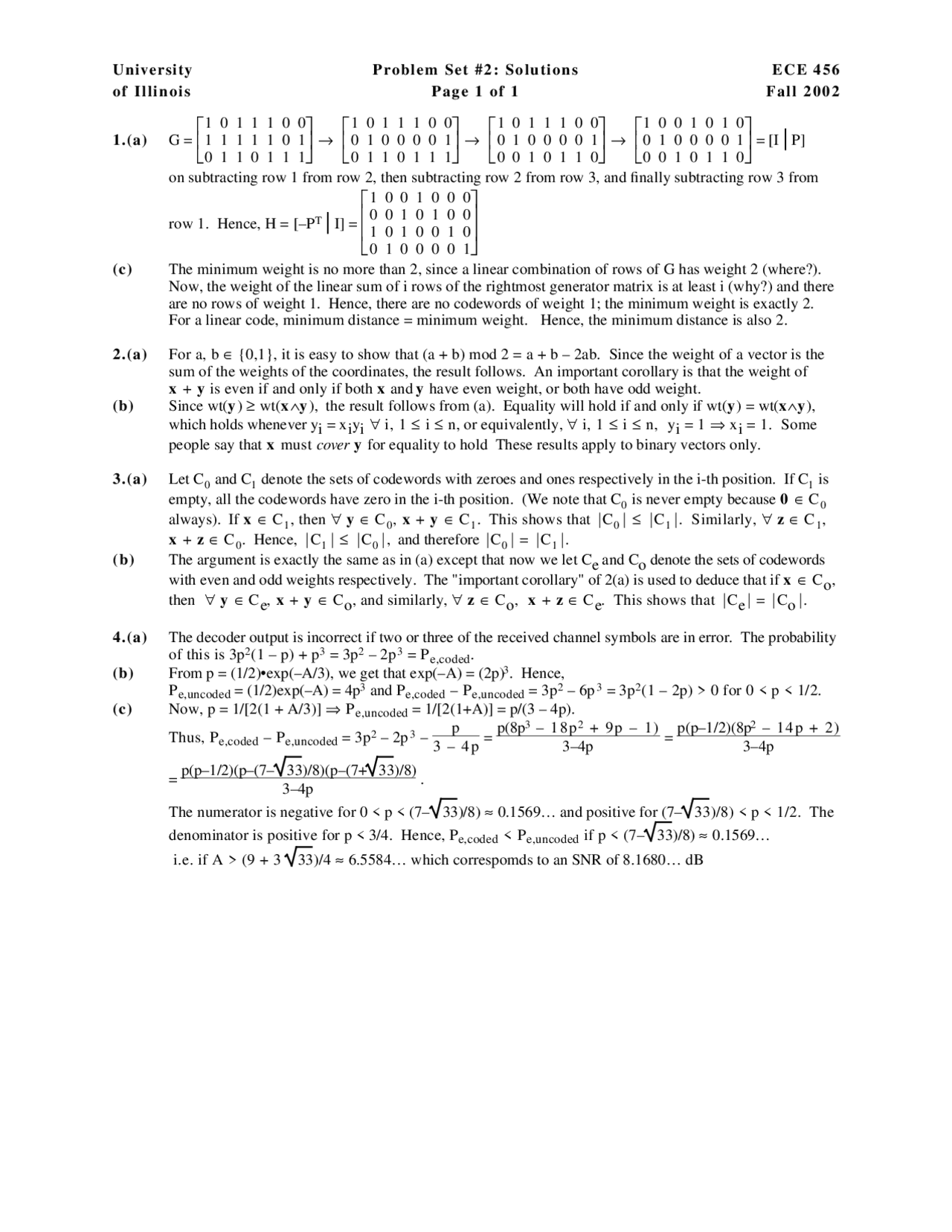 Problem Set 2 Solutions Coding Theory Ece 556 Docsity