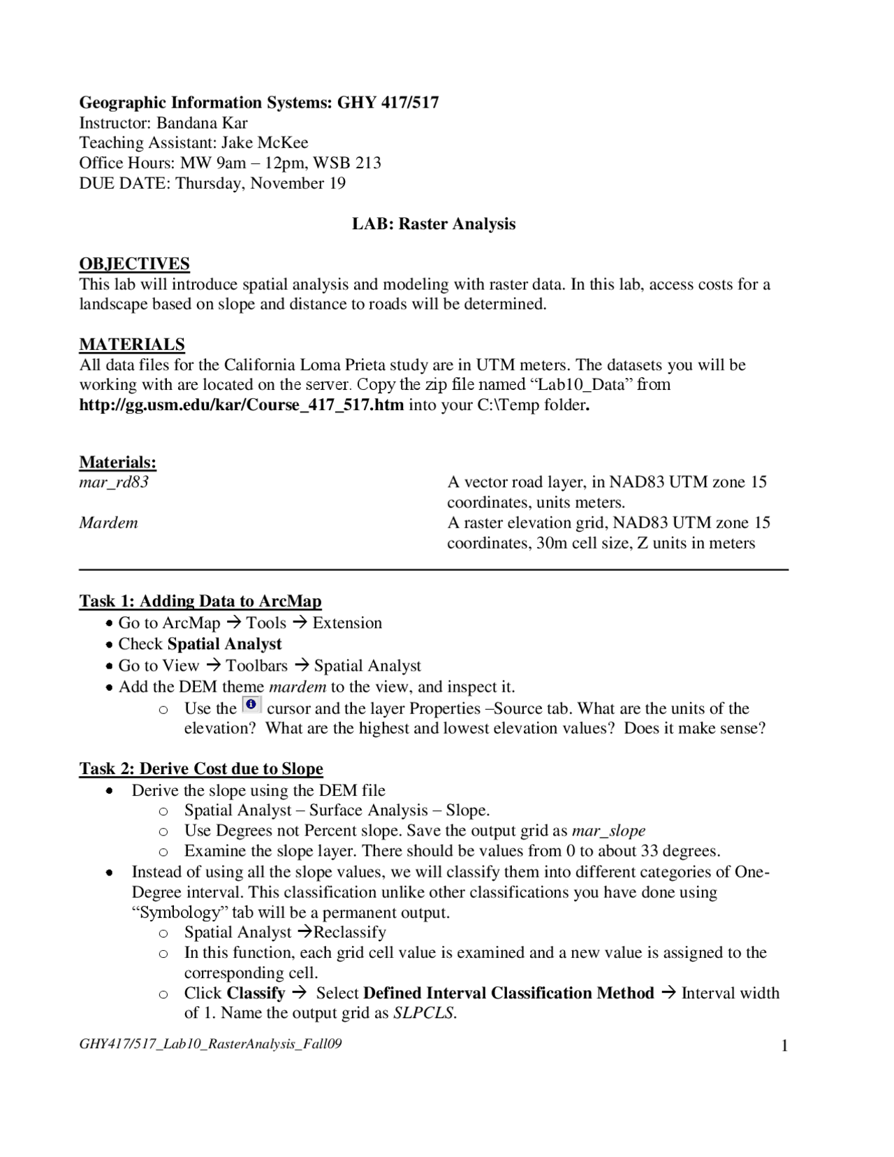 Lab 10: Raster Analysis | Geographic Information System | GHY 417 - Docsity