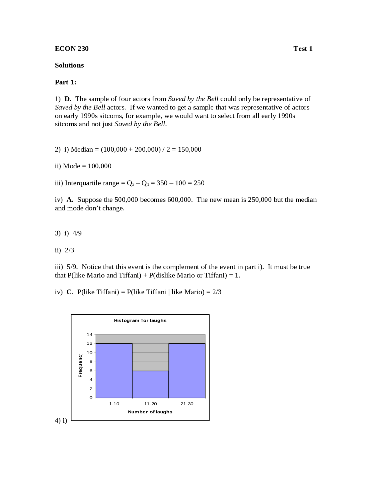 Test 1 With Solutions Introduction To Statistics Econ 230 Docsity