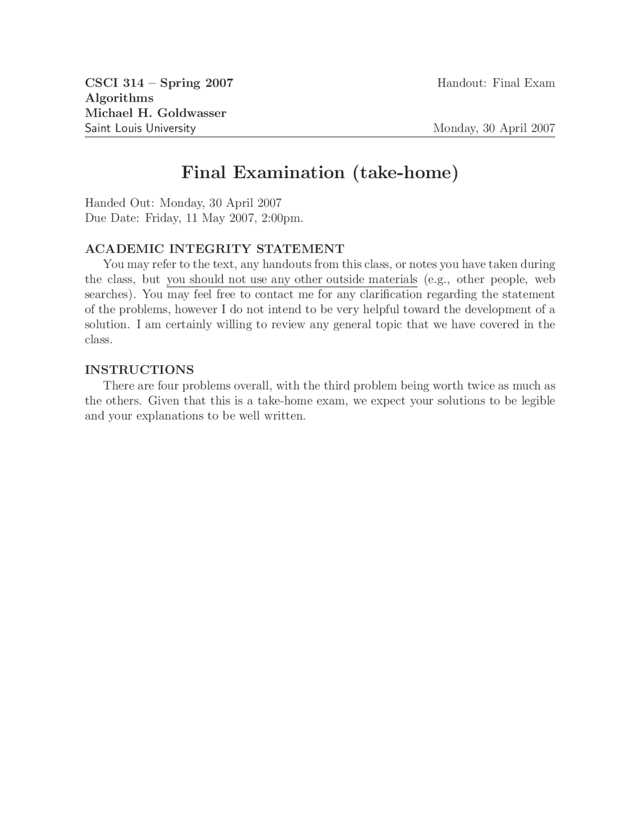 Final Exam With 4 Problems Algorithms Csci 314 Docsity