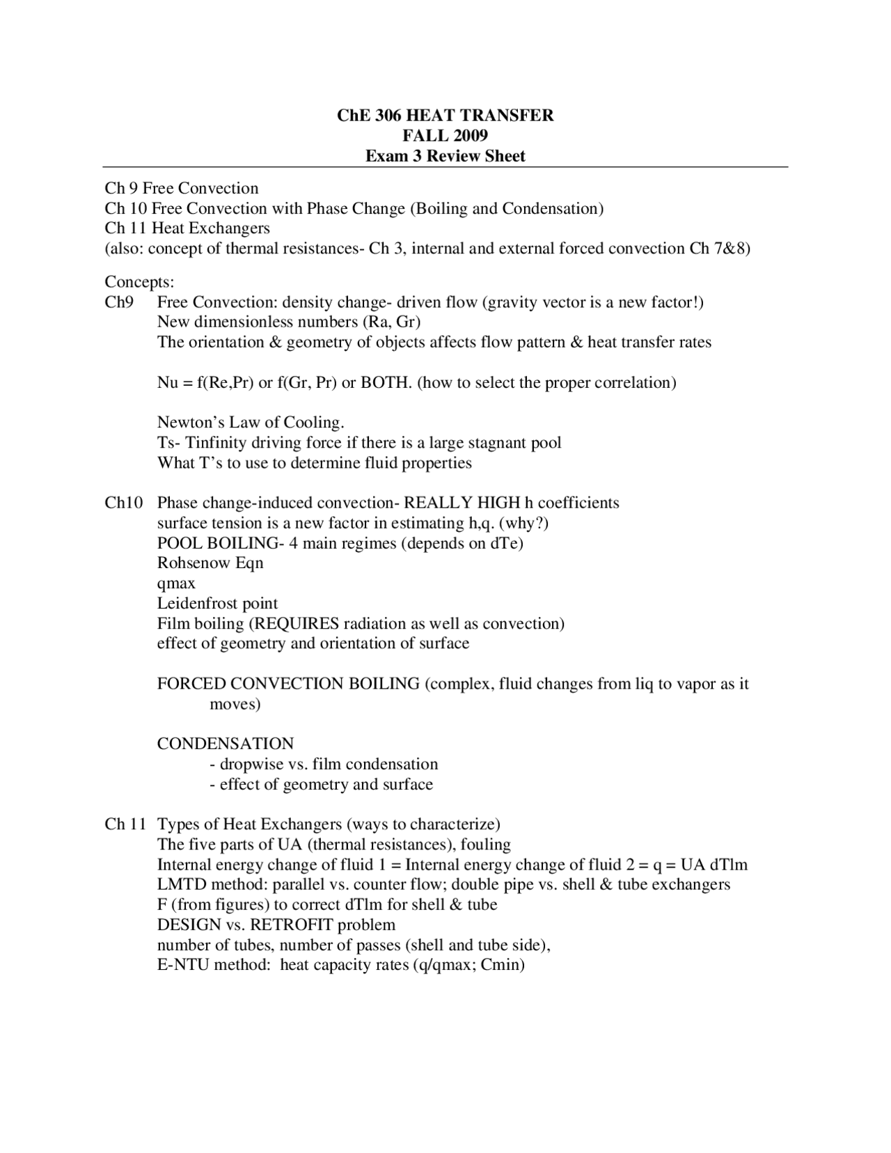 Exam 3 Review Sheet - Heat Transfer Operations | CHE 306 - Docsity