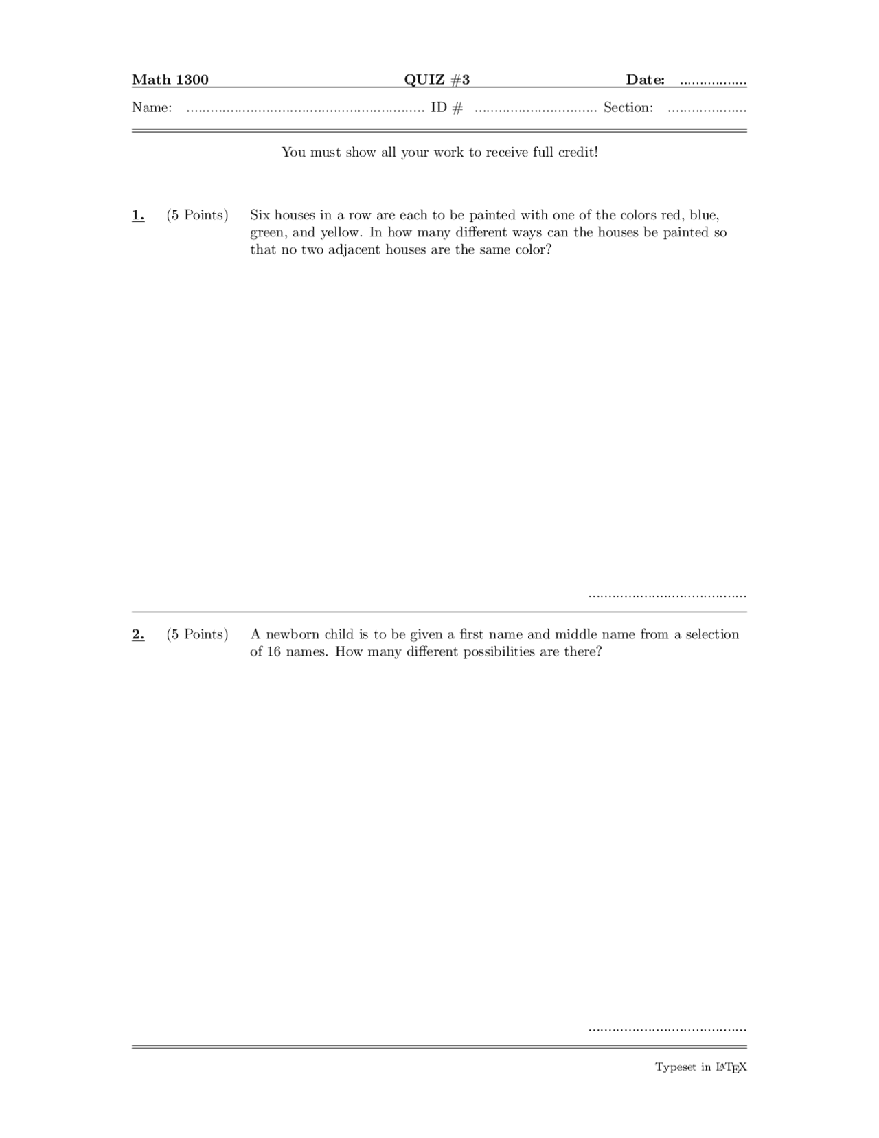 Quiz 3 Questions - Finite Mathematics | MATH 1300 - Docsity