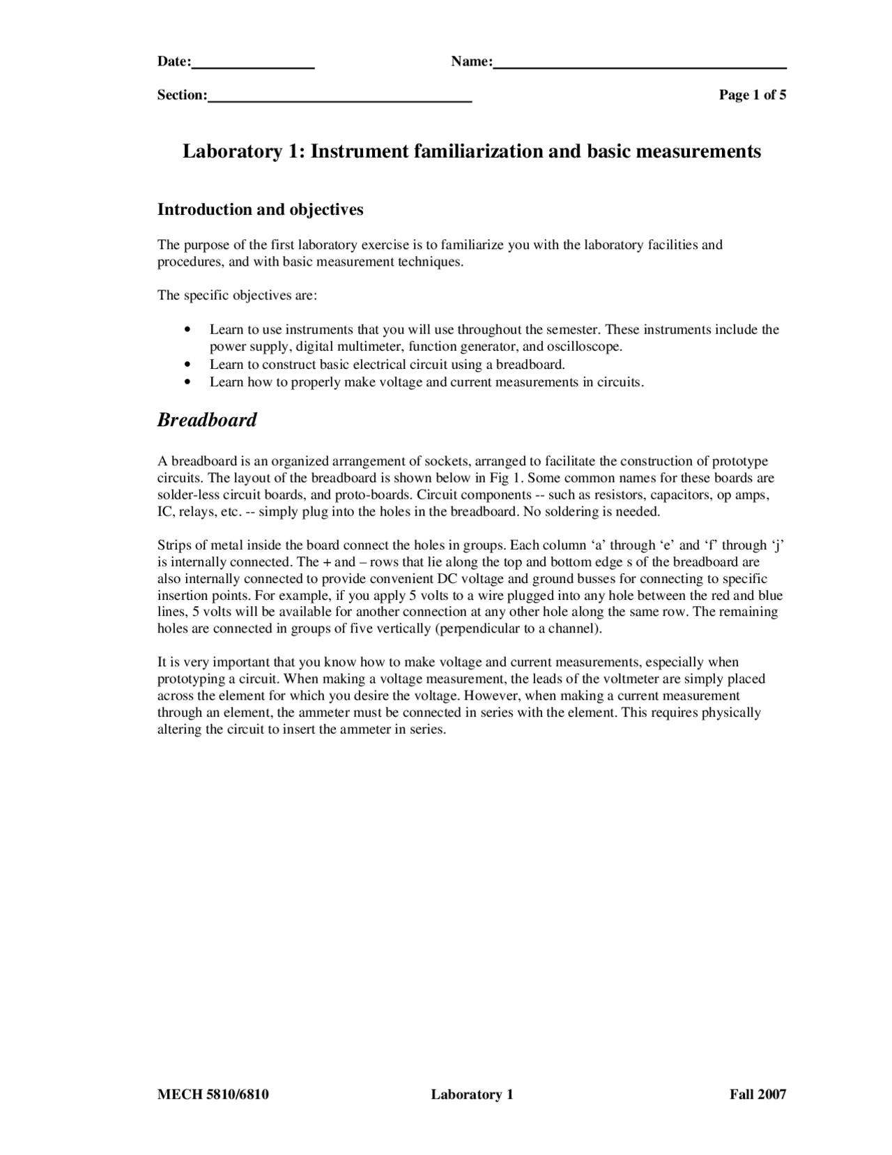 Instrument Familiarization and Basic Measurements | MECH 5810 - Docsity