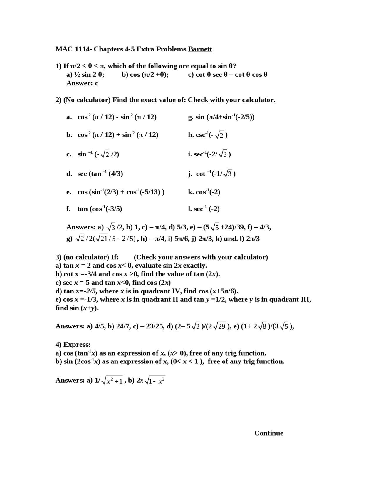 Assignment Questions with Answer Key - College Trigonometry | MAC 1114 ...