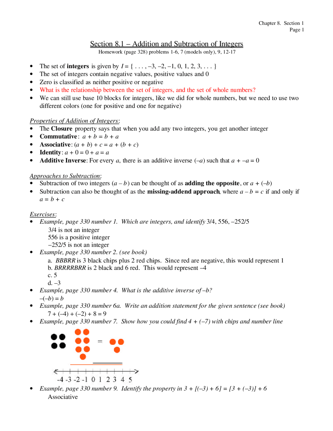 Notes on Addition and Subtraction of Integers | MATH 122 | Study notes ...