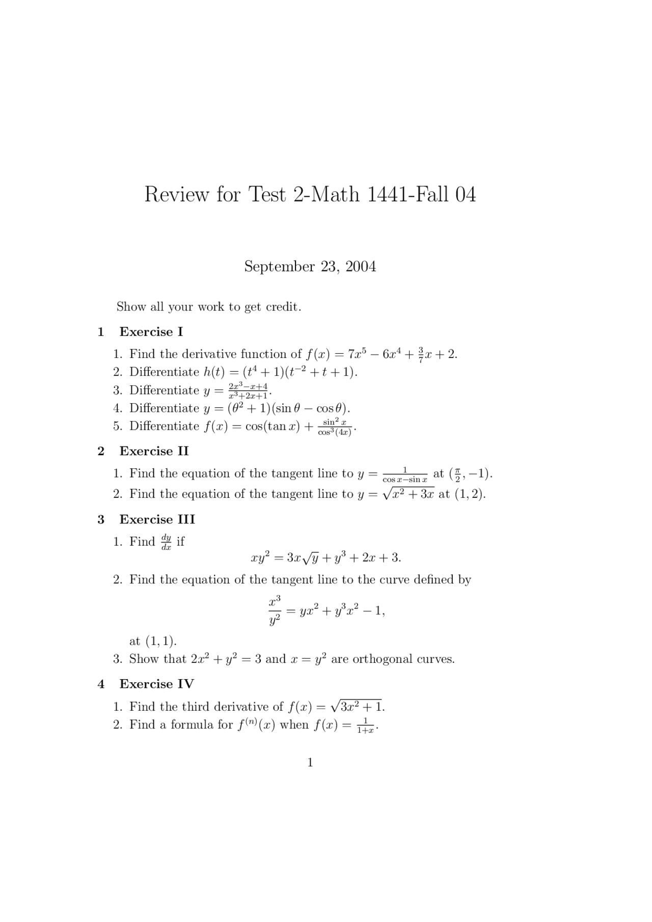 Review For Practice Test 2 Fall 2004 Calculus I Math 1441 Docsity