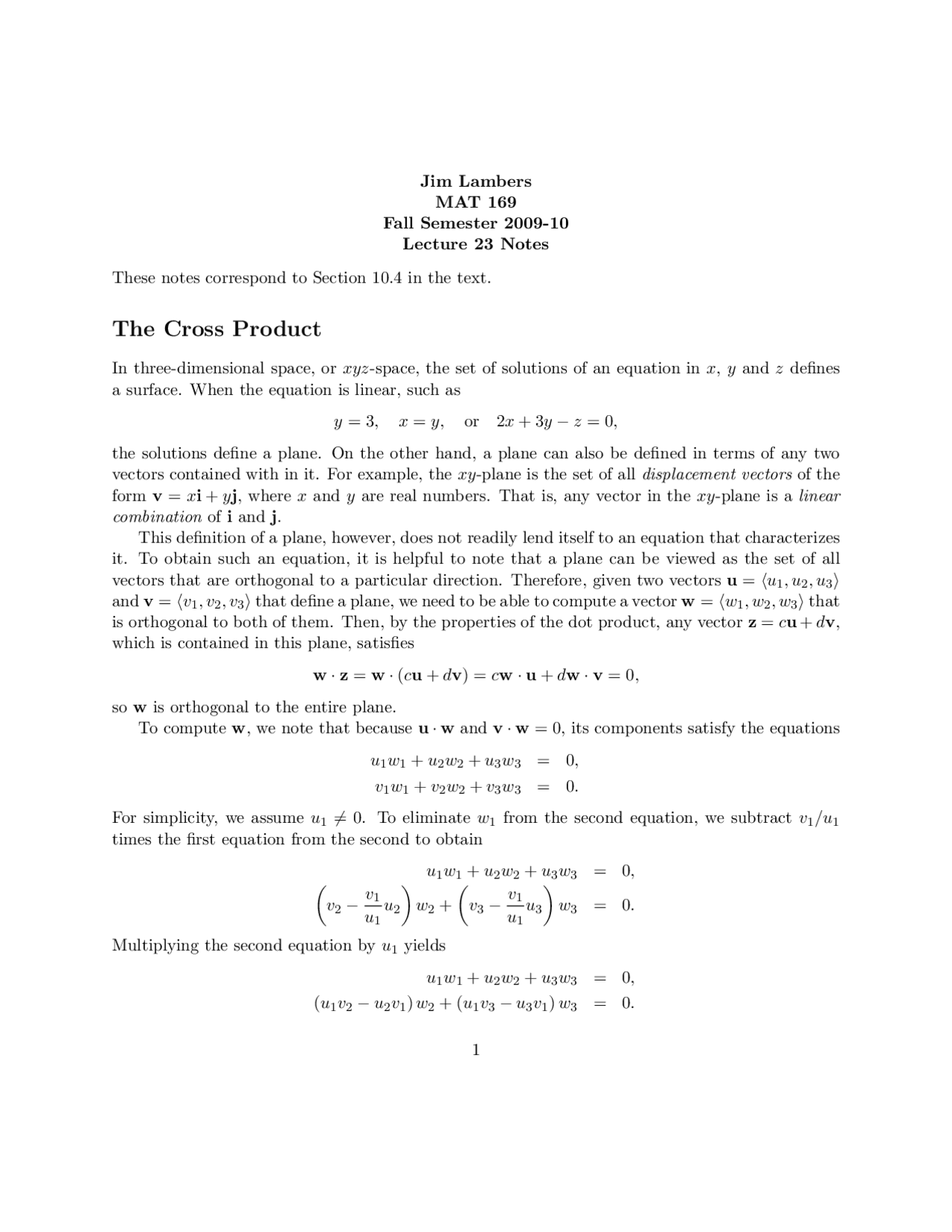 The Cross Product Calculus Iii With Analytic Geometry Lecture Notes