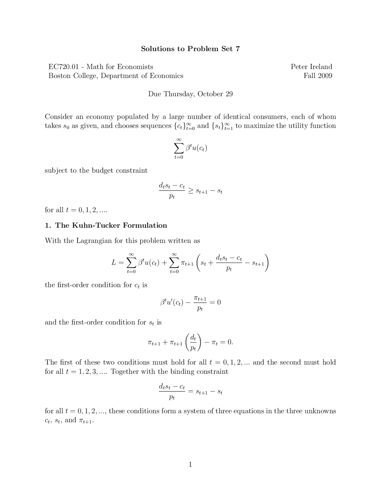 Solutions To Problems Set 7 Mathematics For Economists Ec 720 Docsity