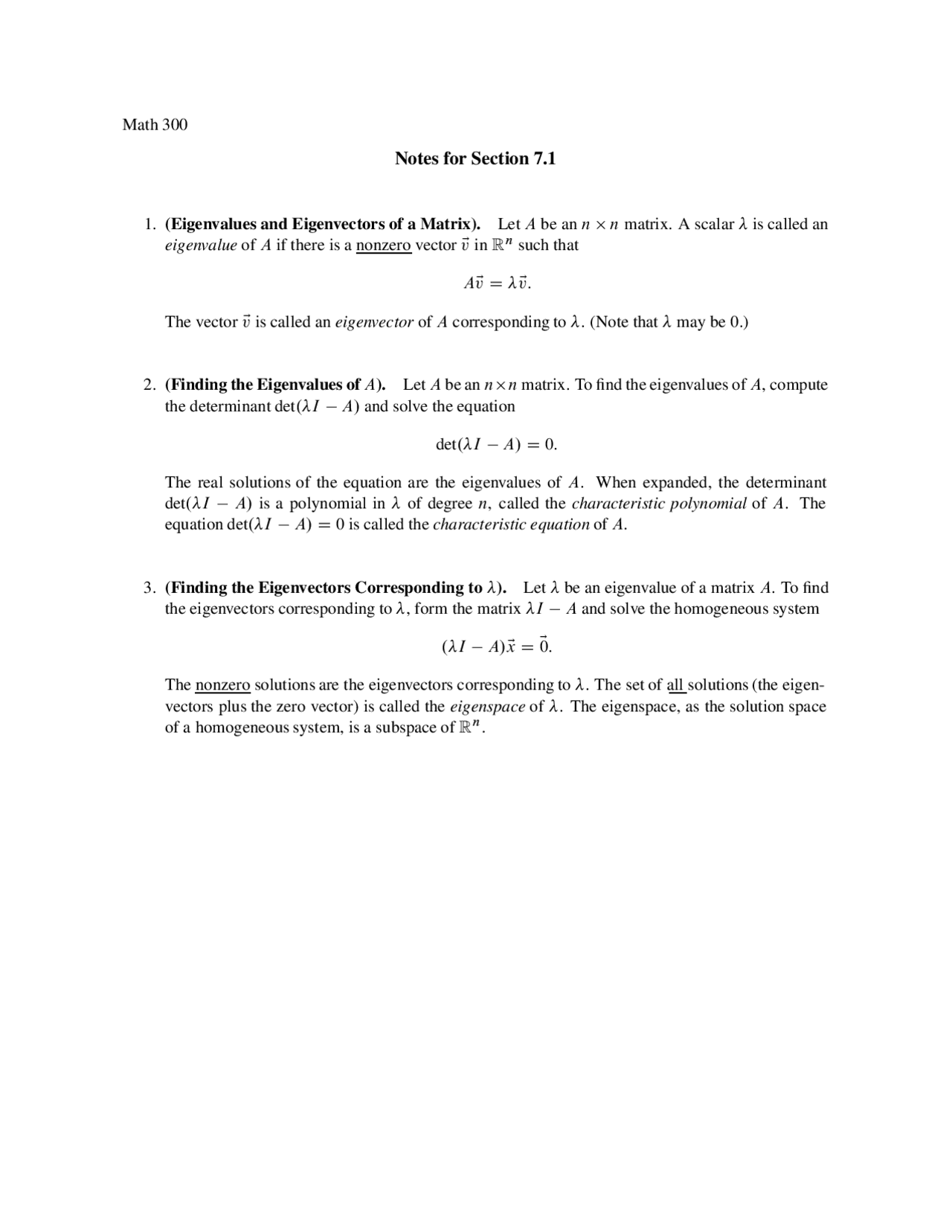 Eigenvalues And Eigenvectors Of A Matrix Lecture Notes Math 300