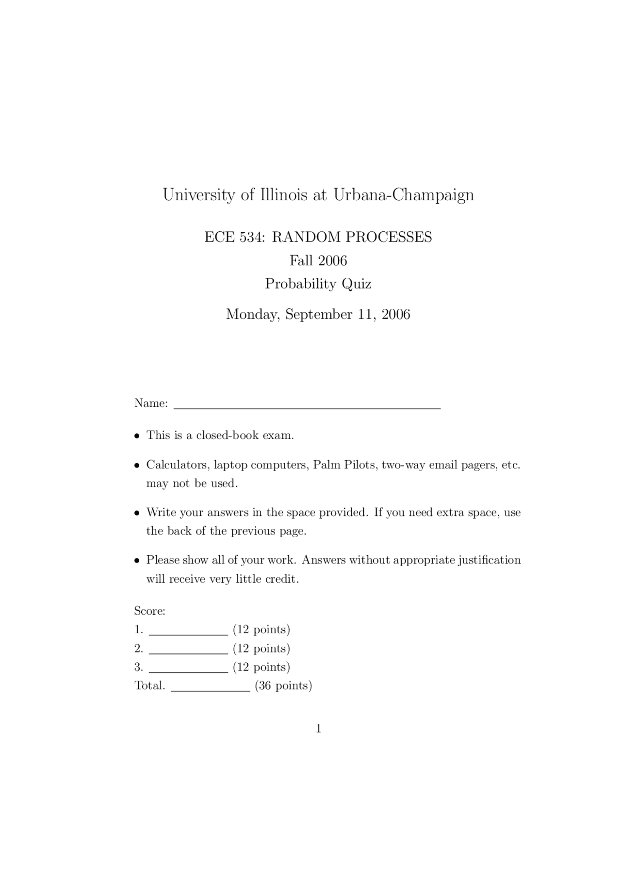 Probability Quiz for ECE 534: Random Processes, UIUC, Fall 2006 | Quizzes Electrical and ...