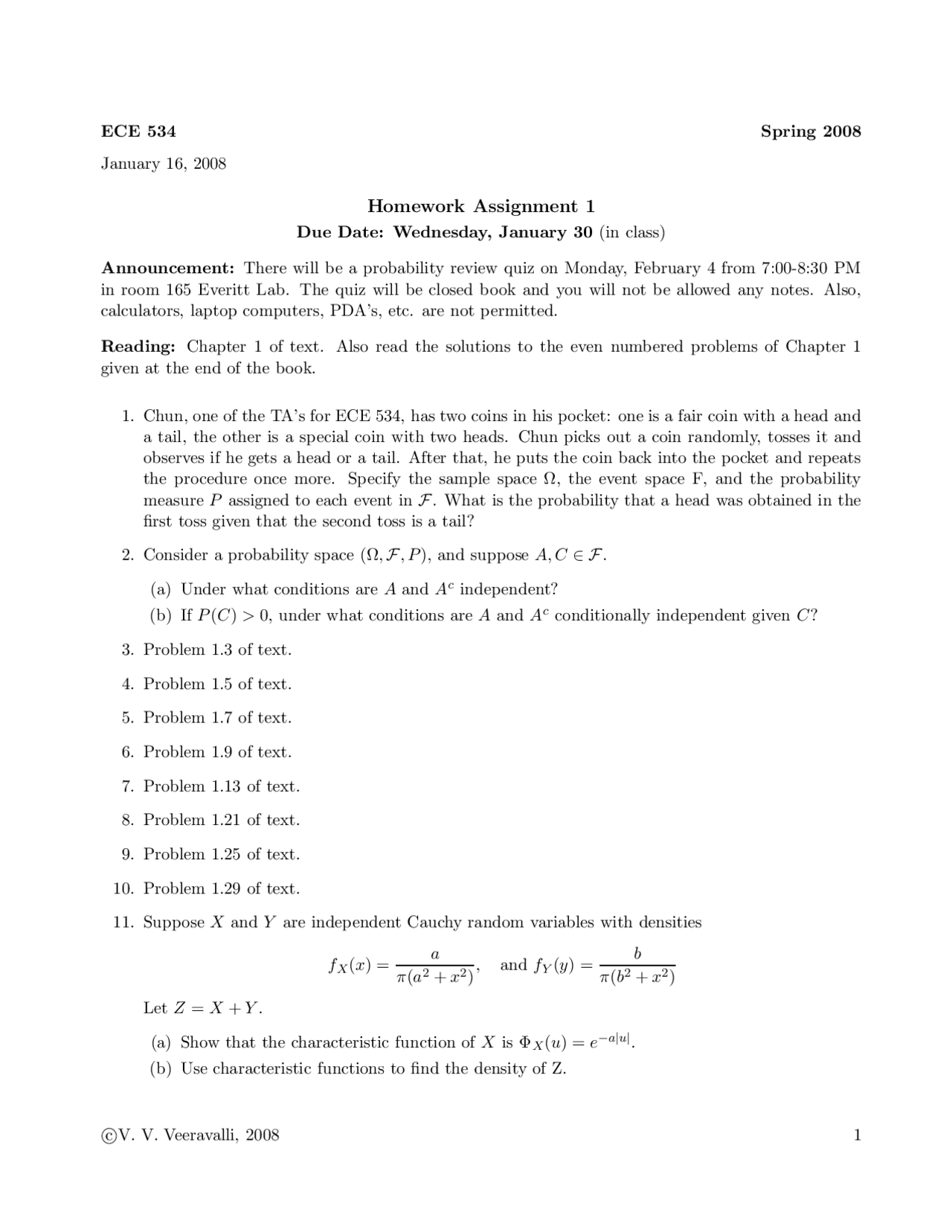 11 Questions On Random Processes Assignment 1 Spring 2008 Ece 534