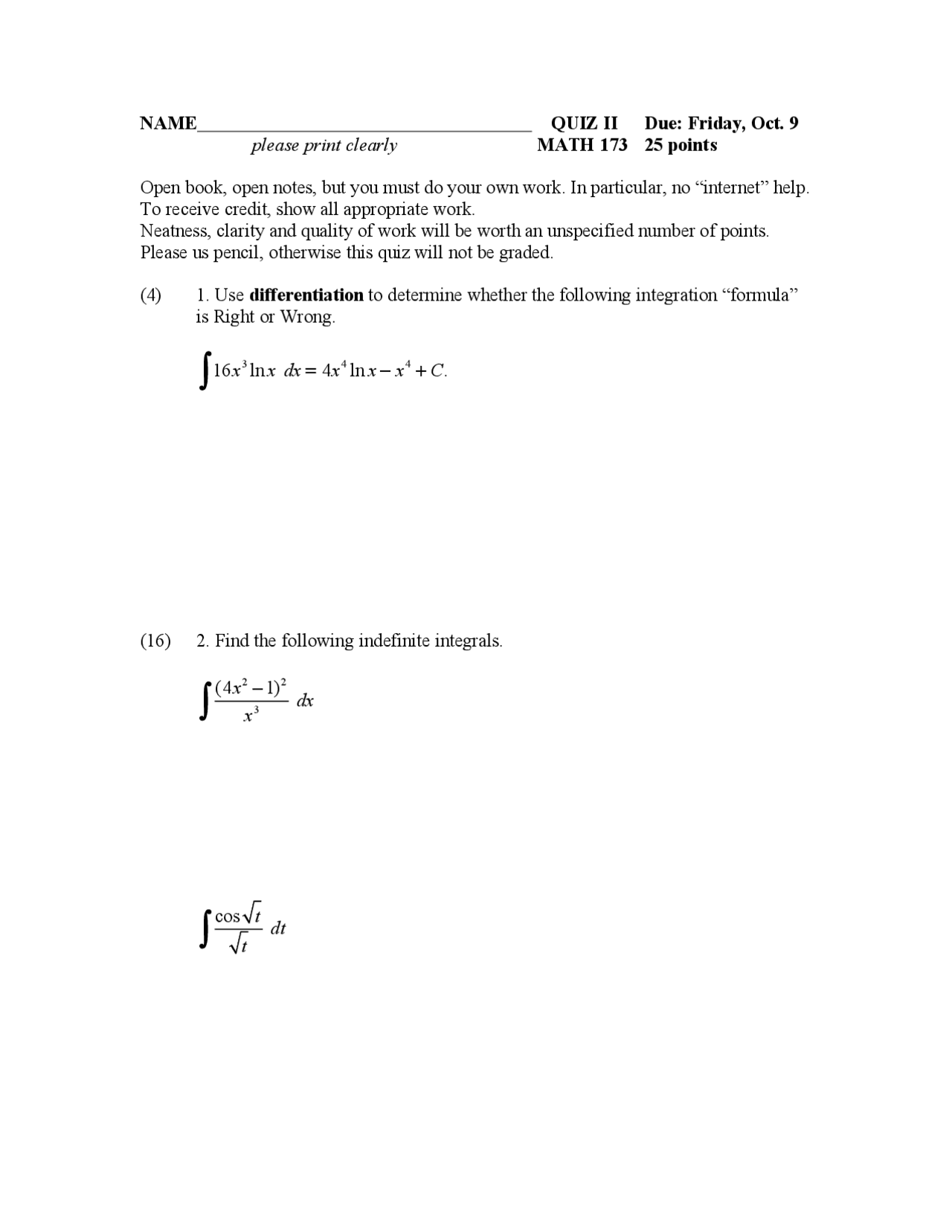 5 Solved Problems on Differentiation - Quiz II | MATH 173 - Docsity