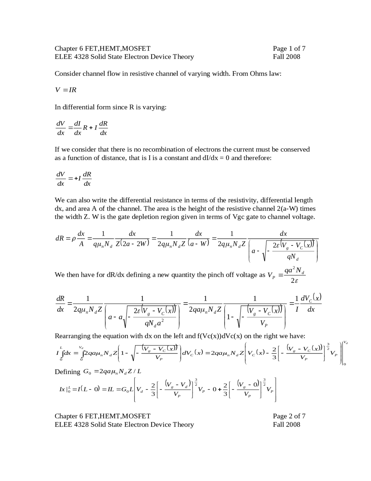Lecture Notes On Fet Hemt Mosfet Elee 4328 Docsity