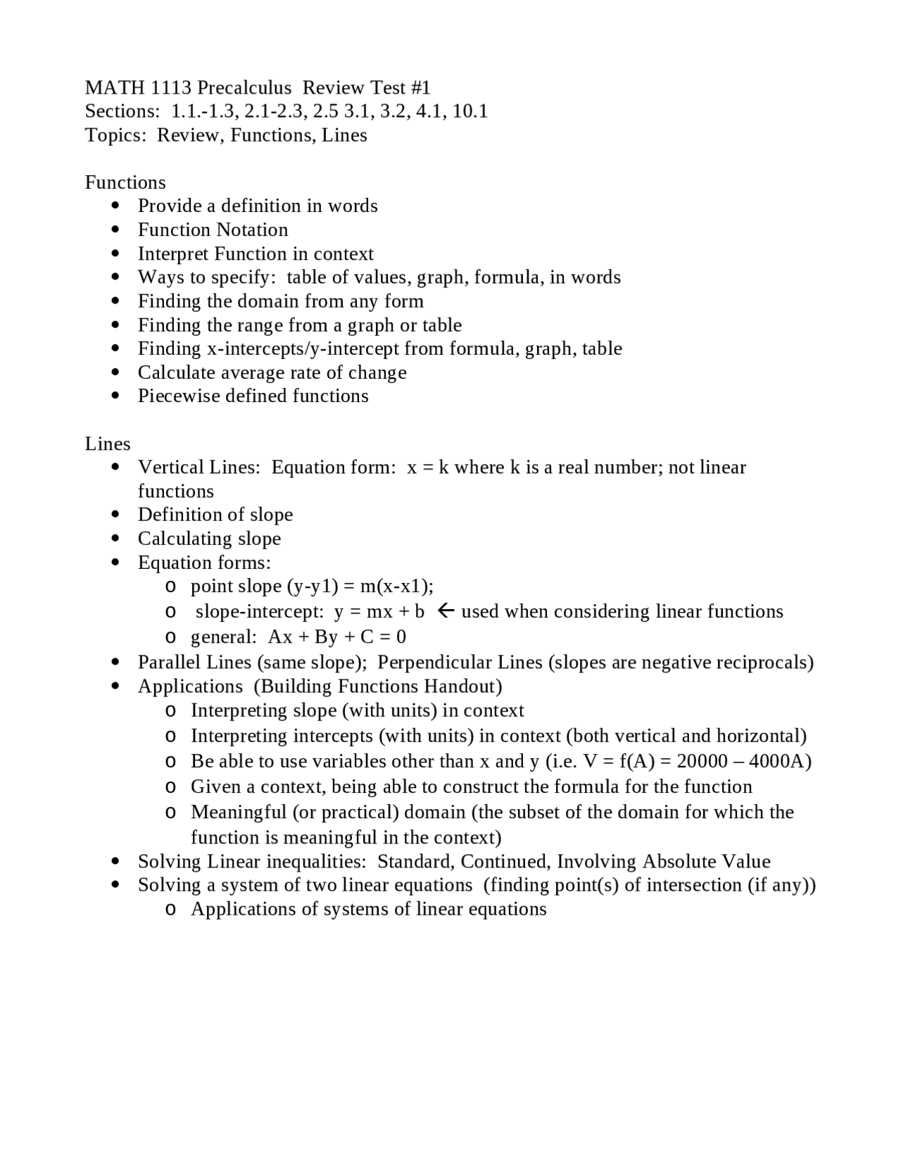 Functions Lines Review Test 1 Precalculus Math 1113 Exámenes