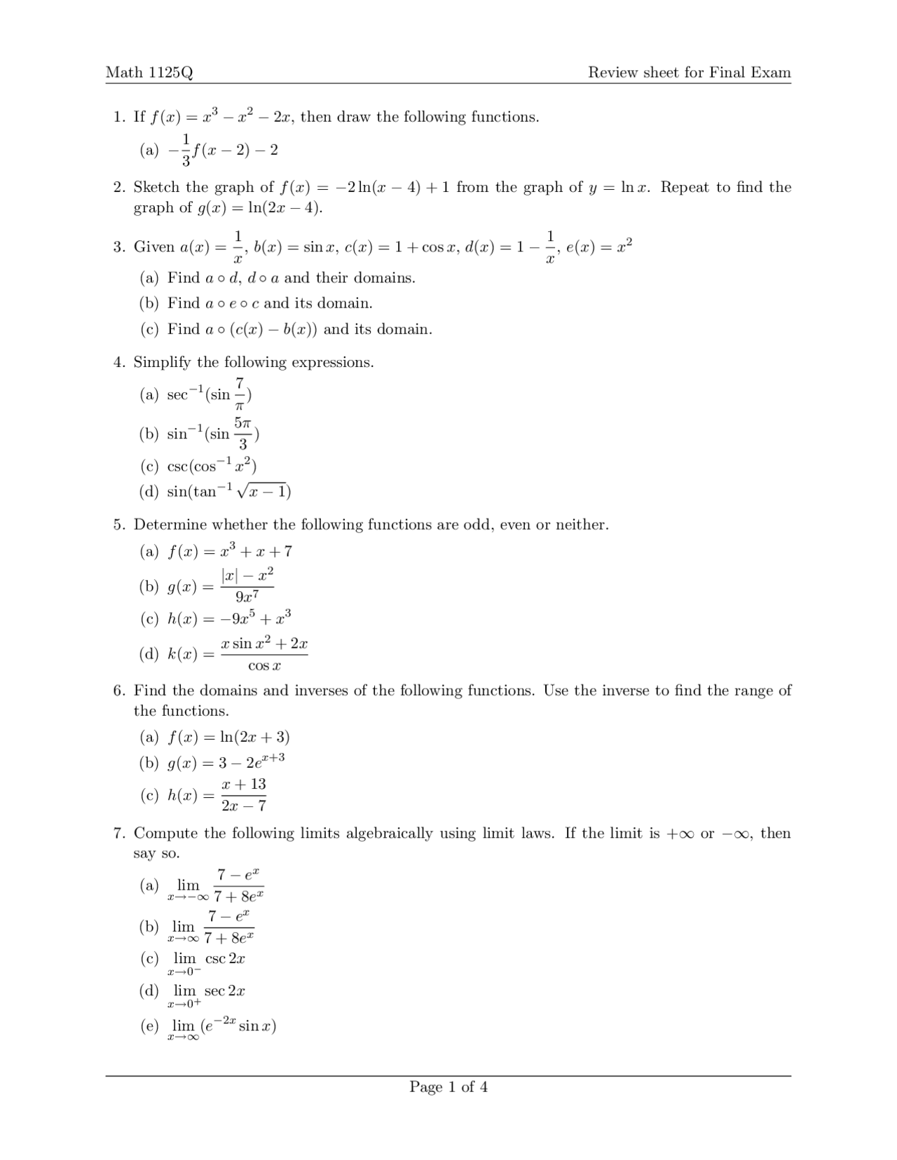 Review Sheet For Final Examination Calculus 1 Math 1125 Docsity