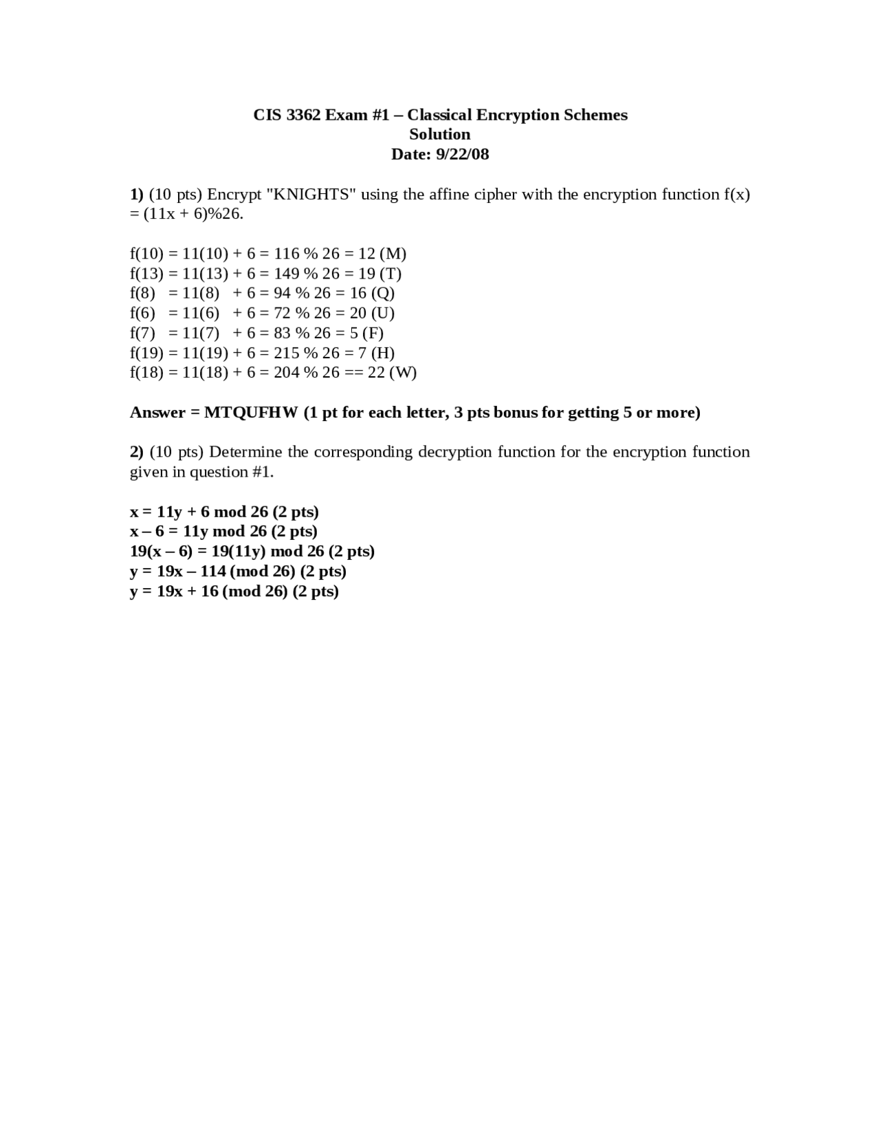 Solution Of Exam 1 Classical Encryption Schemes Cis 3362 Docsity