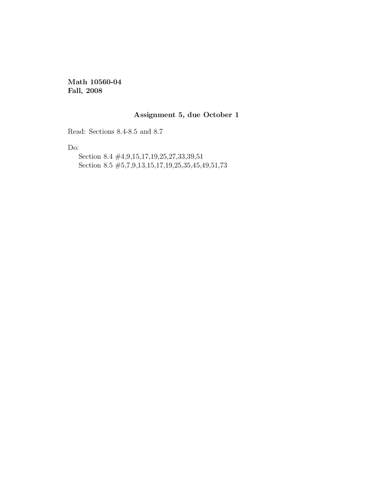 Assignment 5 Questions - Calculus II | MATH 10560 | Assignments Calculus | Docsity