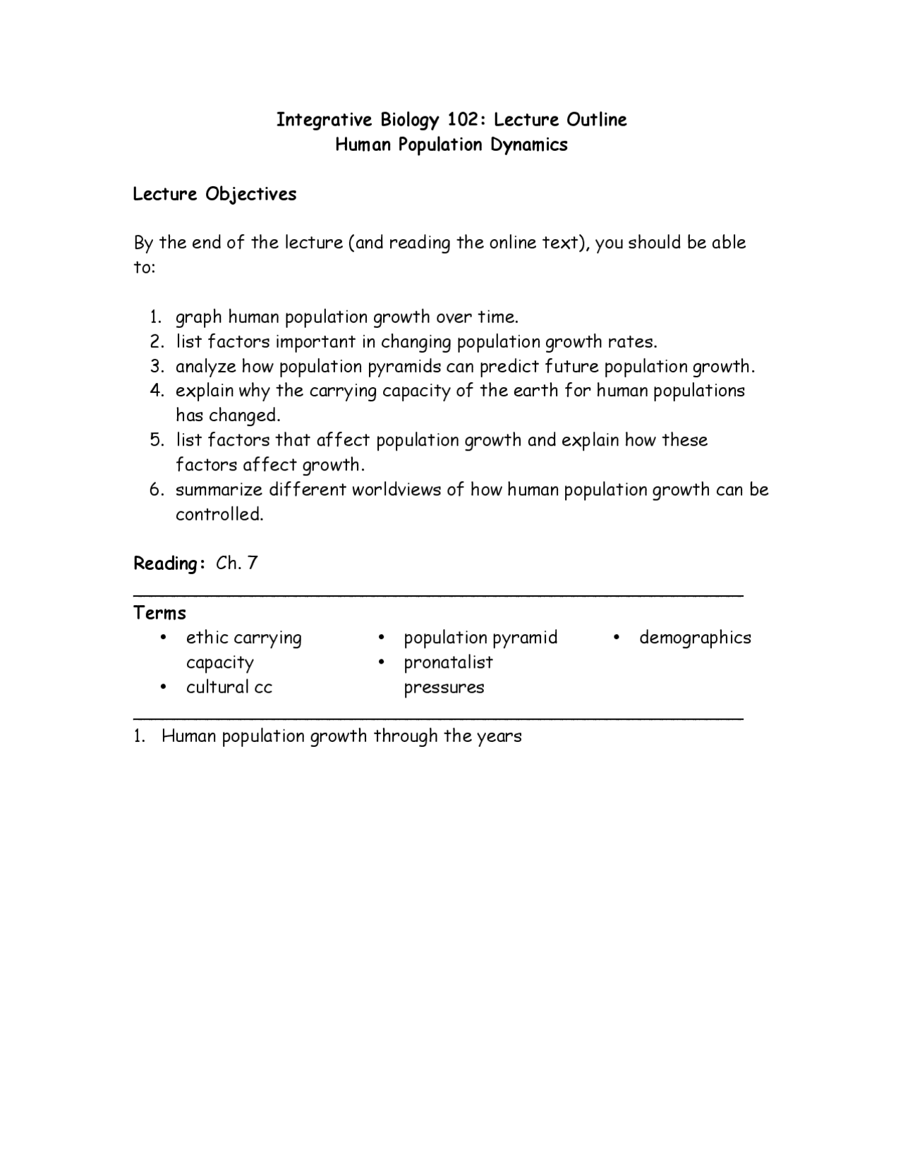 Lecture Notes on Human Population Dynamics | IB 102 - Docsity