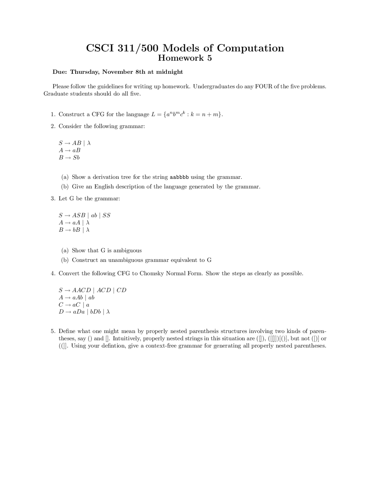 Homework 5 Questions For Models Of Computation Csci 500 Docsity
