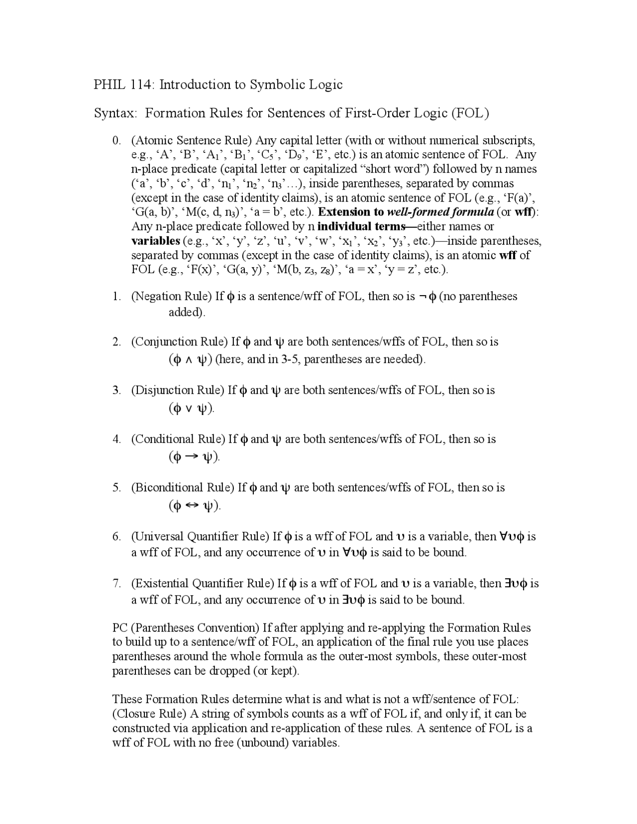 Formation Rules For Sentences Of First Order Logic Exam Phil 114 Docsity
