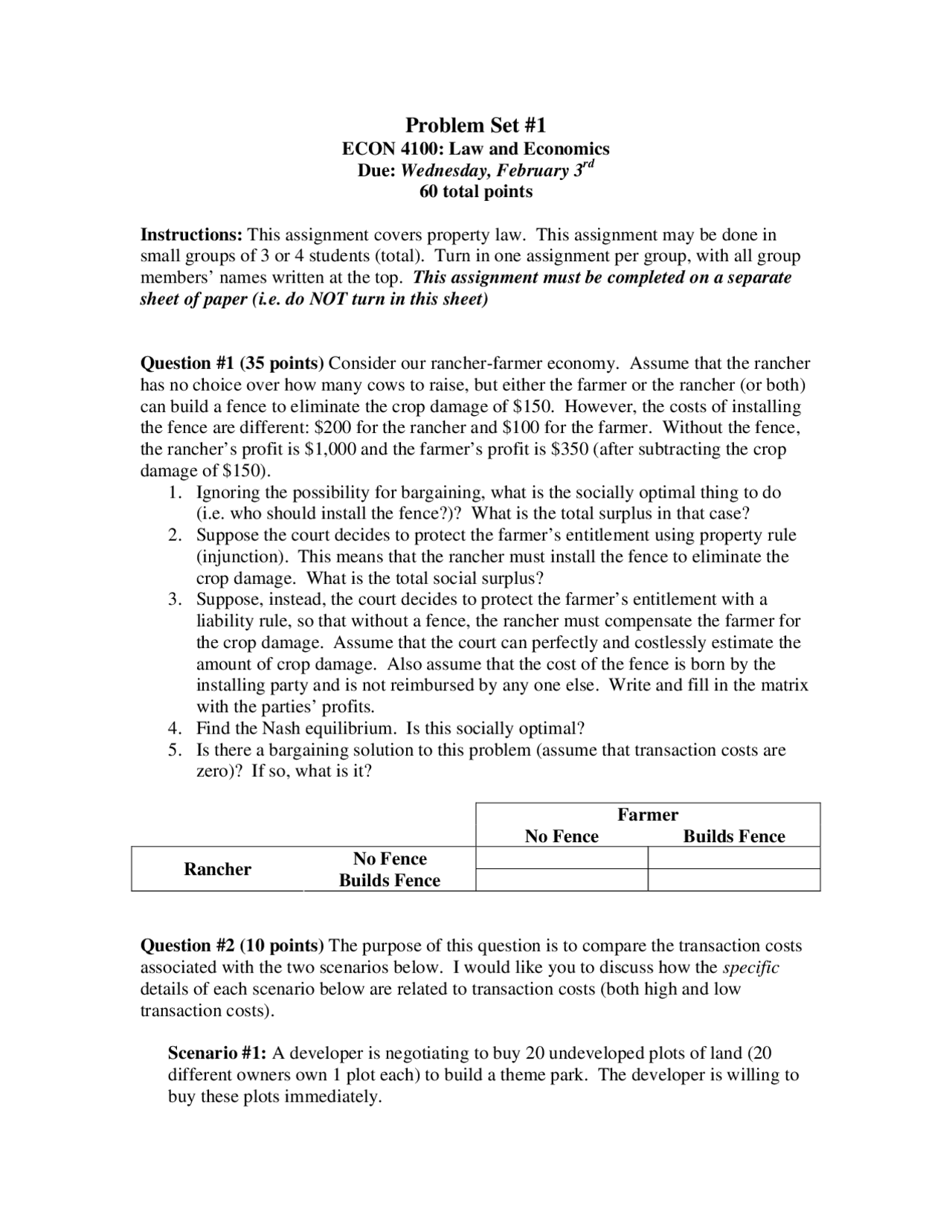 Questions For Problem Set 1 Law And Economics Econ 4100 Docsity