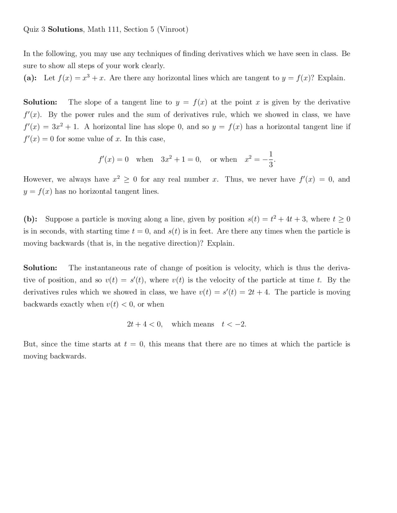 Solution of 2 Problems for Quiz 3 - Calculus I | MATH 111 - Docsity