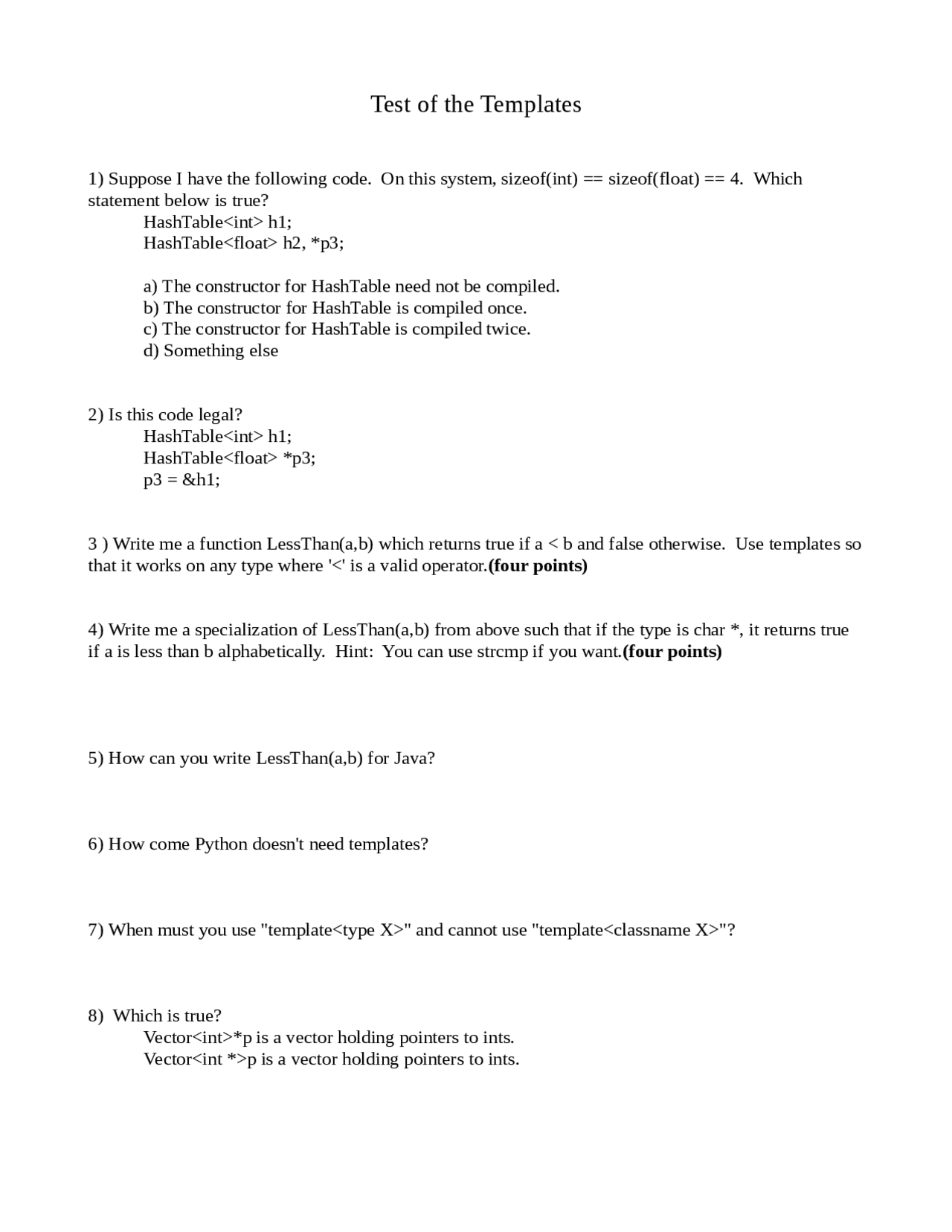 10 Problems on Test of the Templates - Exam | CS 322 - Docsity