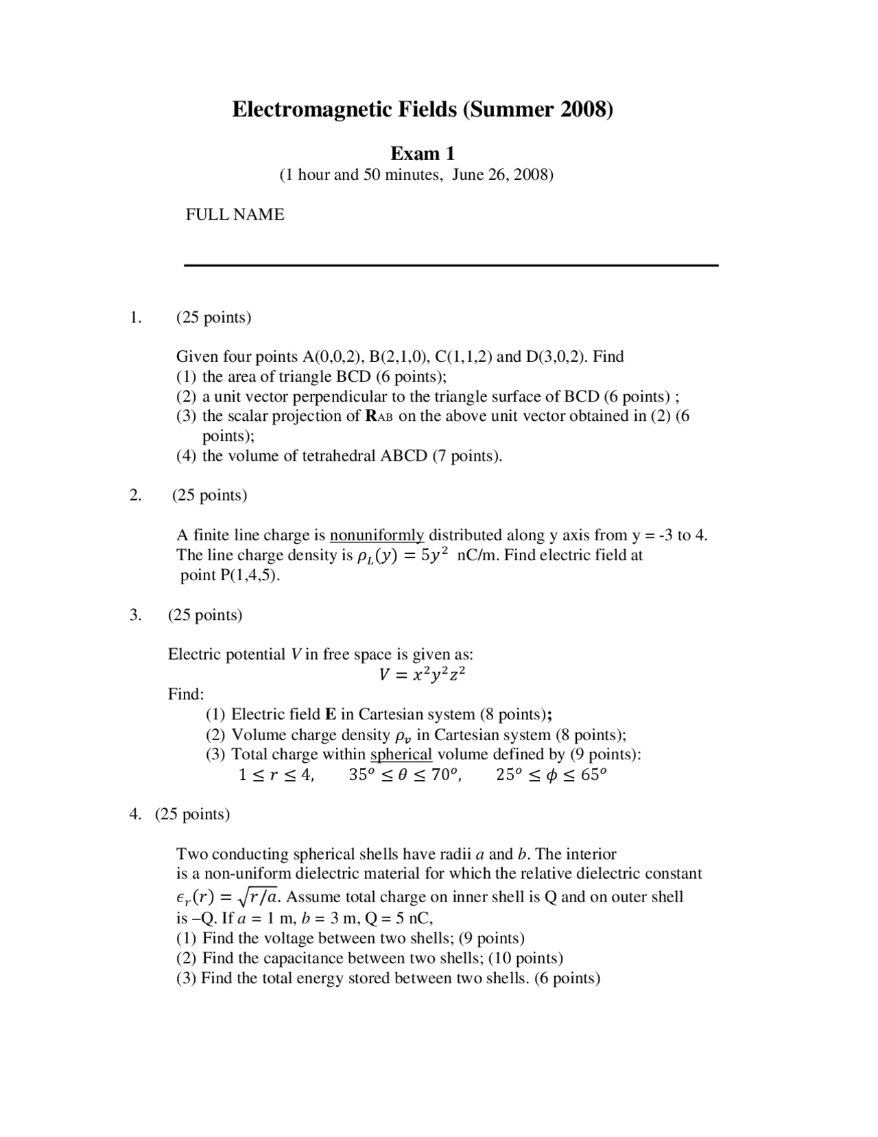 4 Questions On Electromagnetic Fields Exam 1 Eel 3470 Docsity