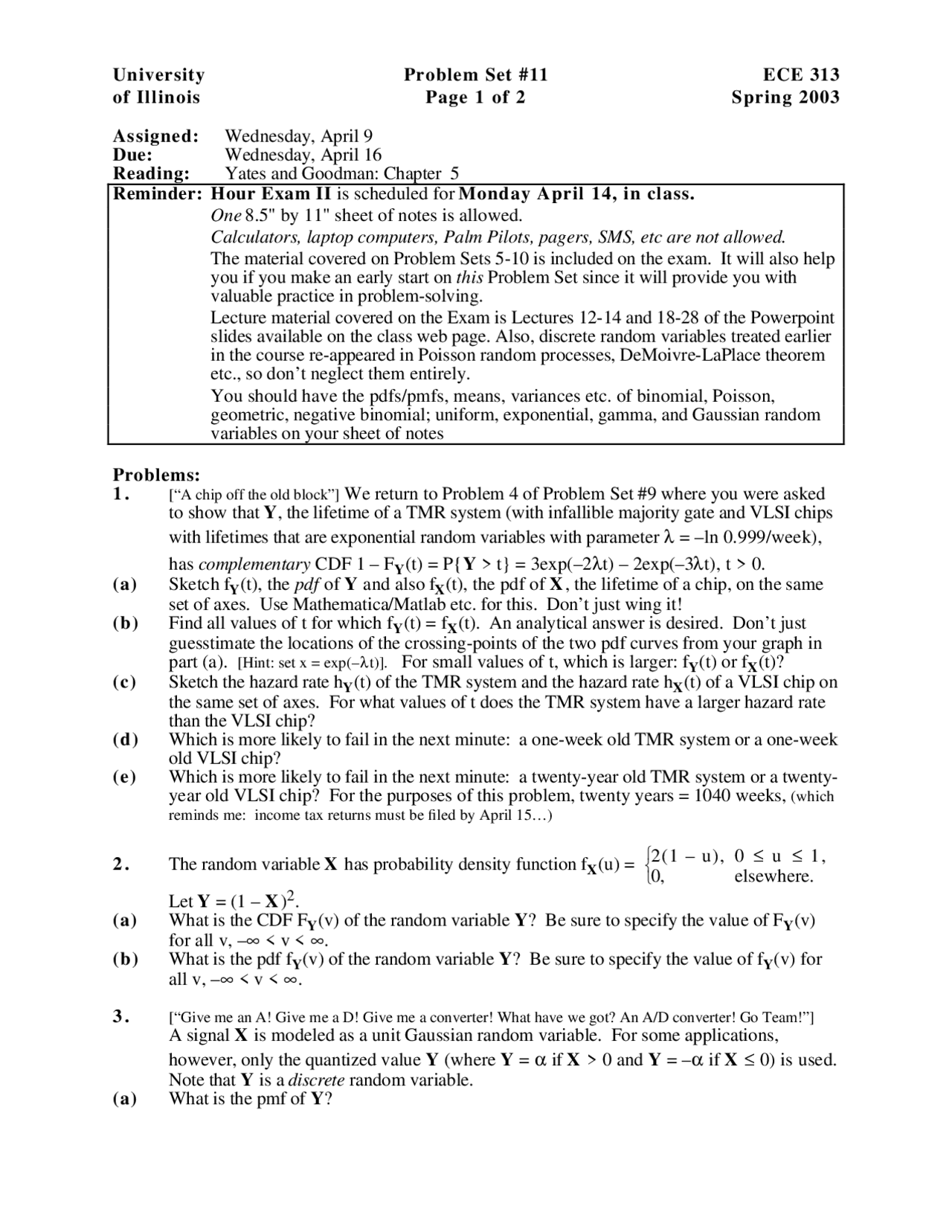 Problem Set 11 on Probability with Engineering Applications | ECE 313 ...