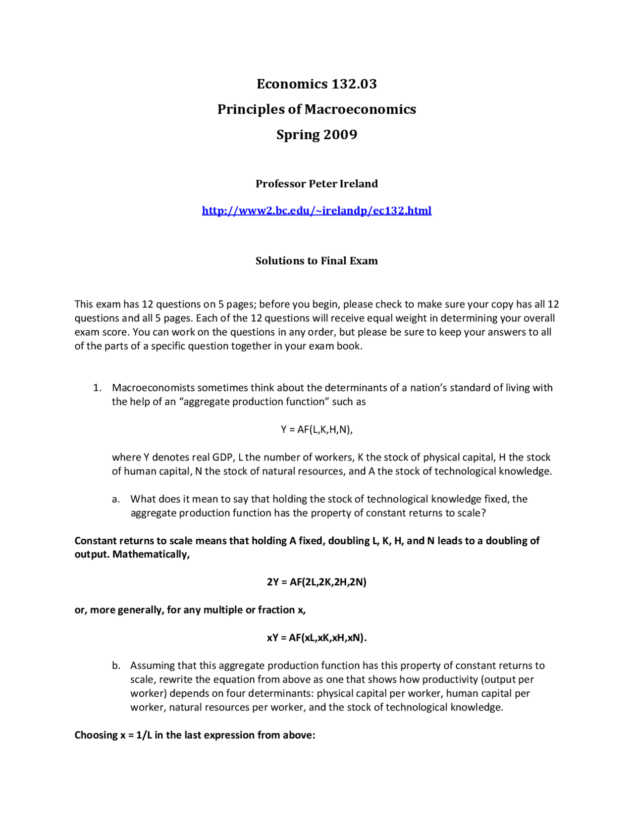 Solution to Final Exam for Principles of Economics II | EC 132 | Exams ...