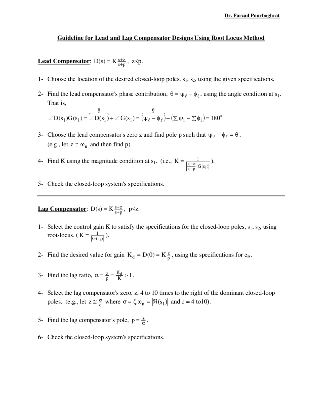 Guideline For Lead And Lag Compensator Designs Using Root Locus Method