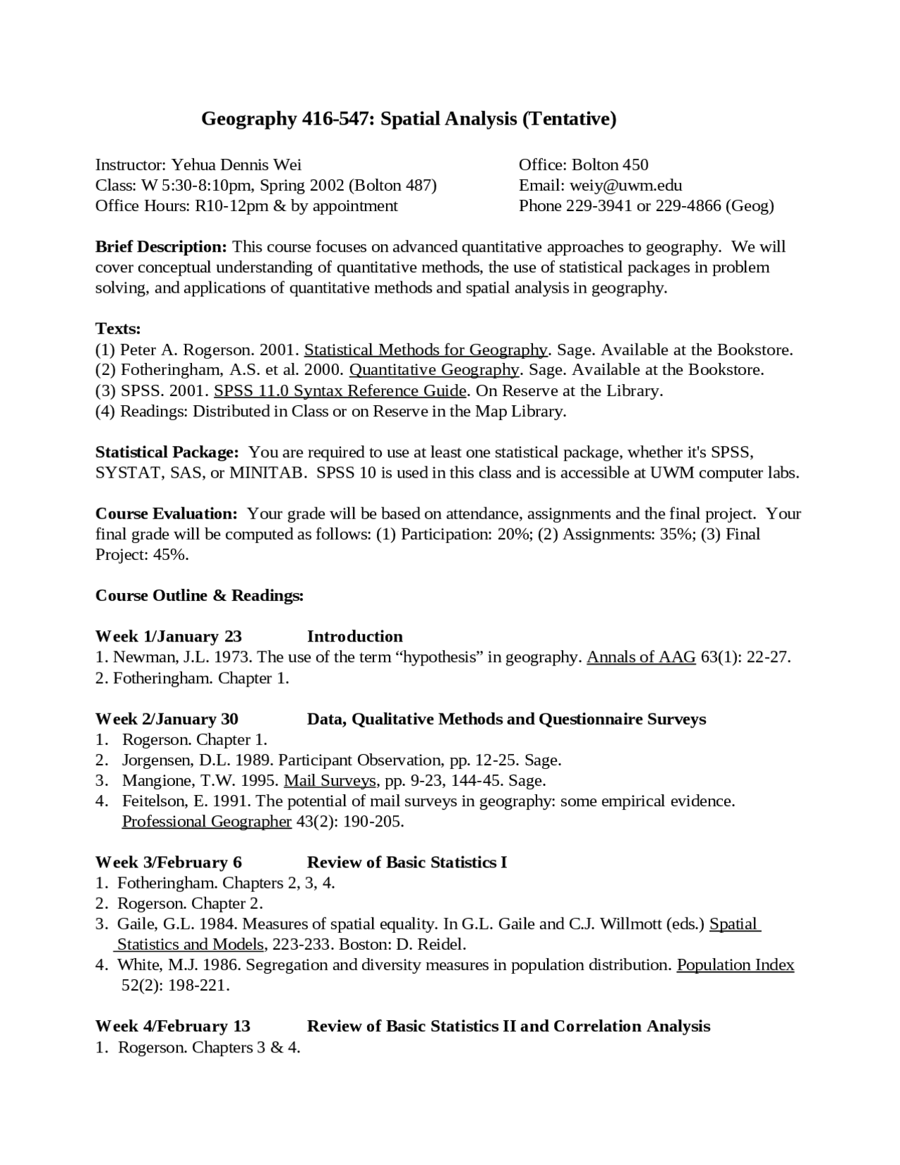 Tentative Spatial Analysis Spring 2002 Geog 547 Docsity