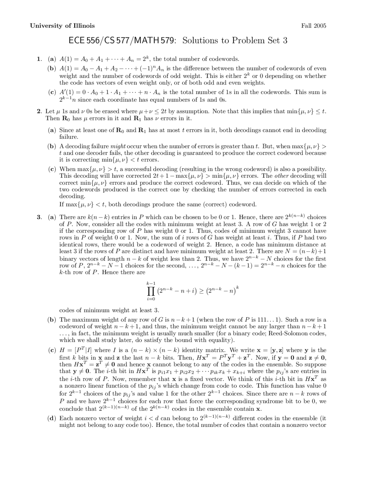 Problem Set 3 Solutions Coding Theory Fall 2005 Ece 556 Docsity