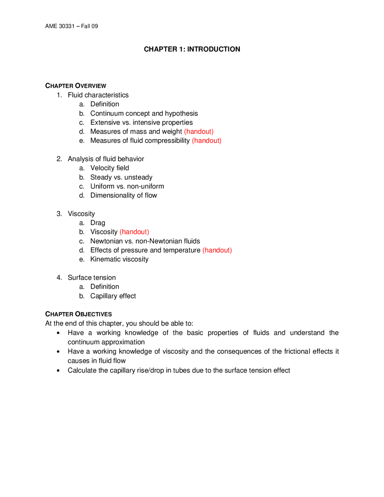 Fluid Mechanics, Viscosity and Surface Tension - Course Outlines | AME 30331 - Docsity