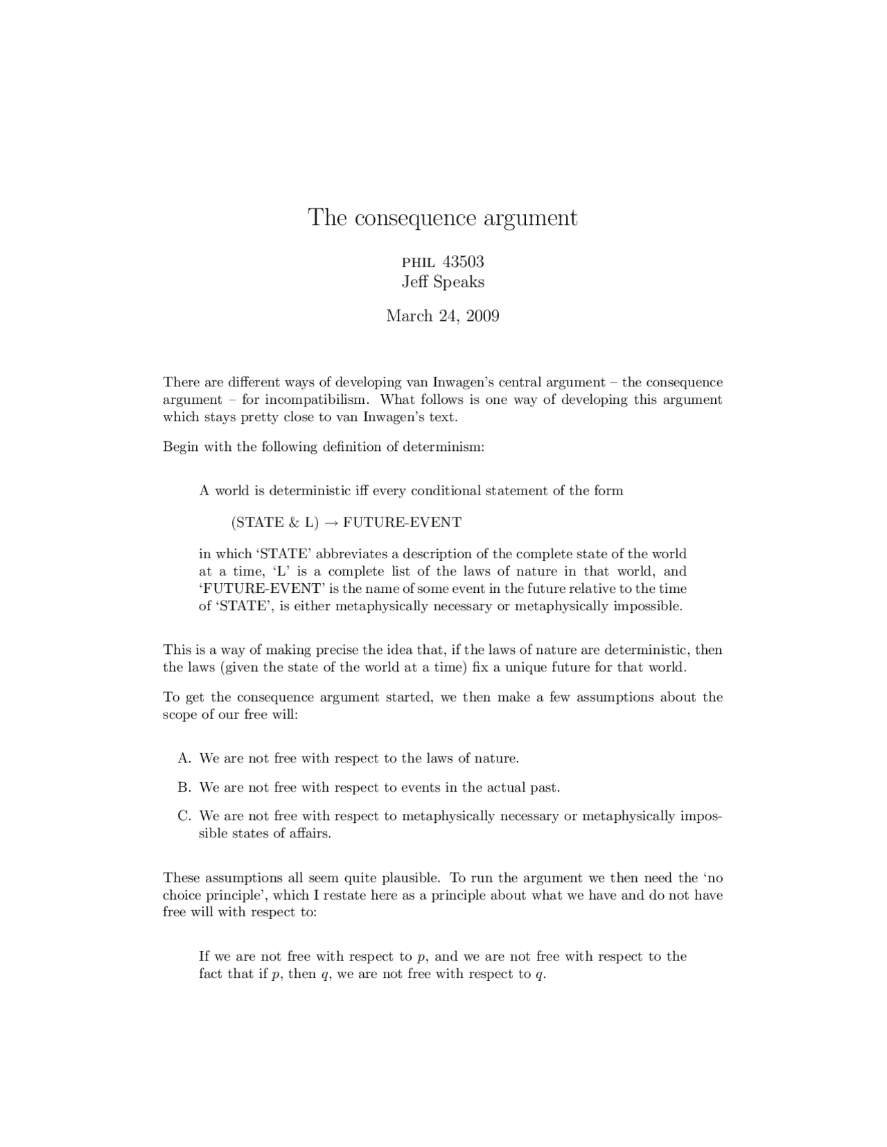 The Consequence Argument - Philosophy of Action - Notes | PHIL 43503 ...