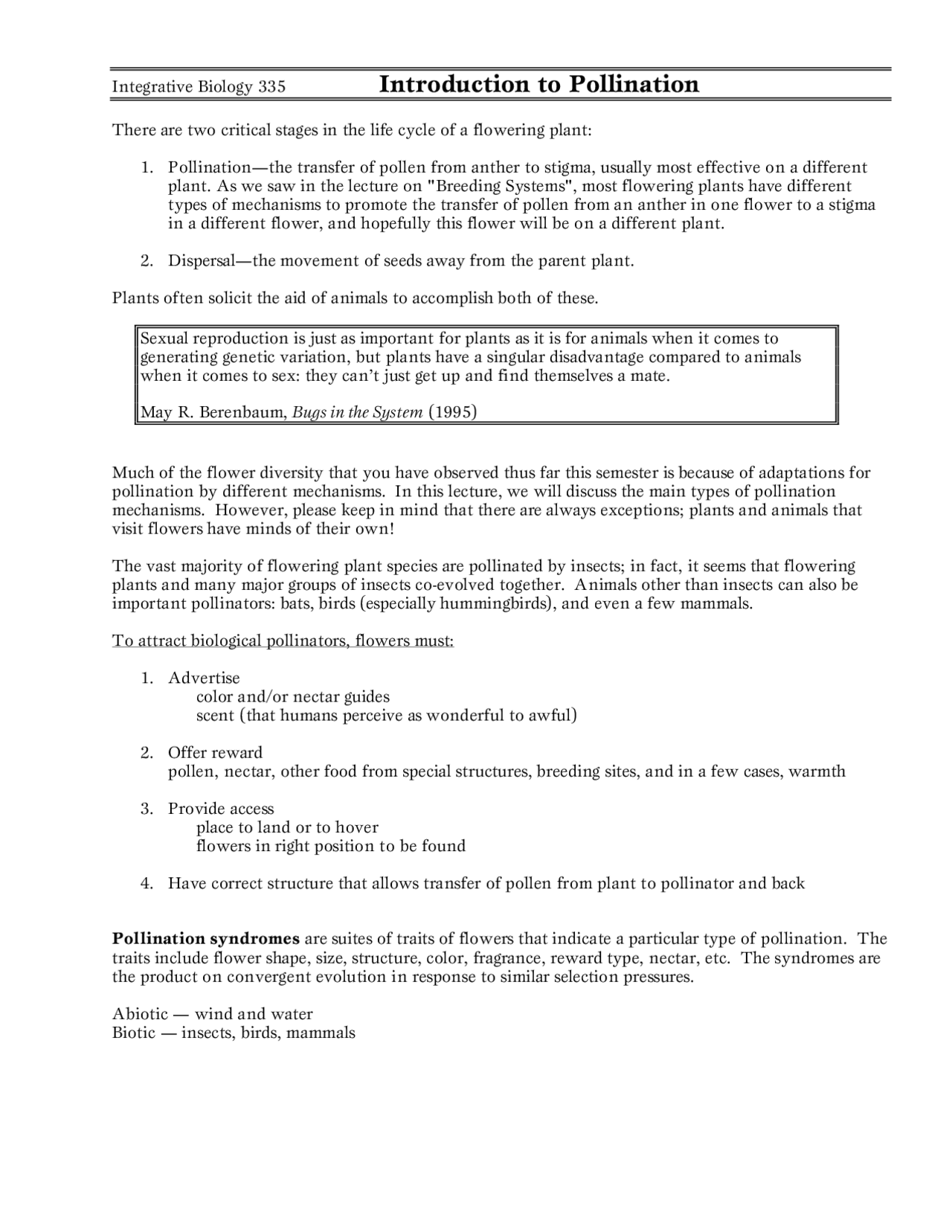 Notes on Introduction to Pollination - Systematics of Plants | IB 335 ...