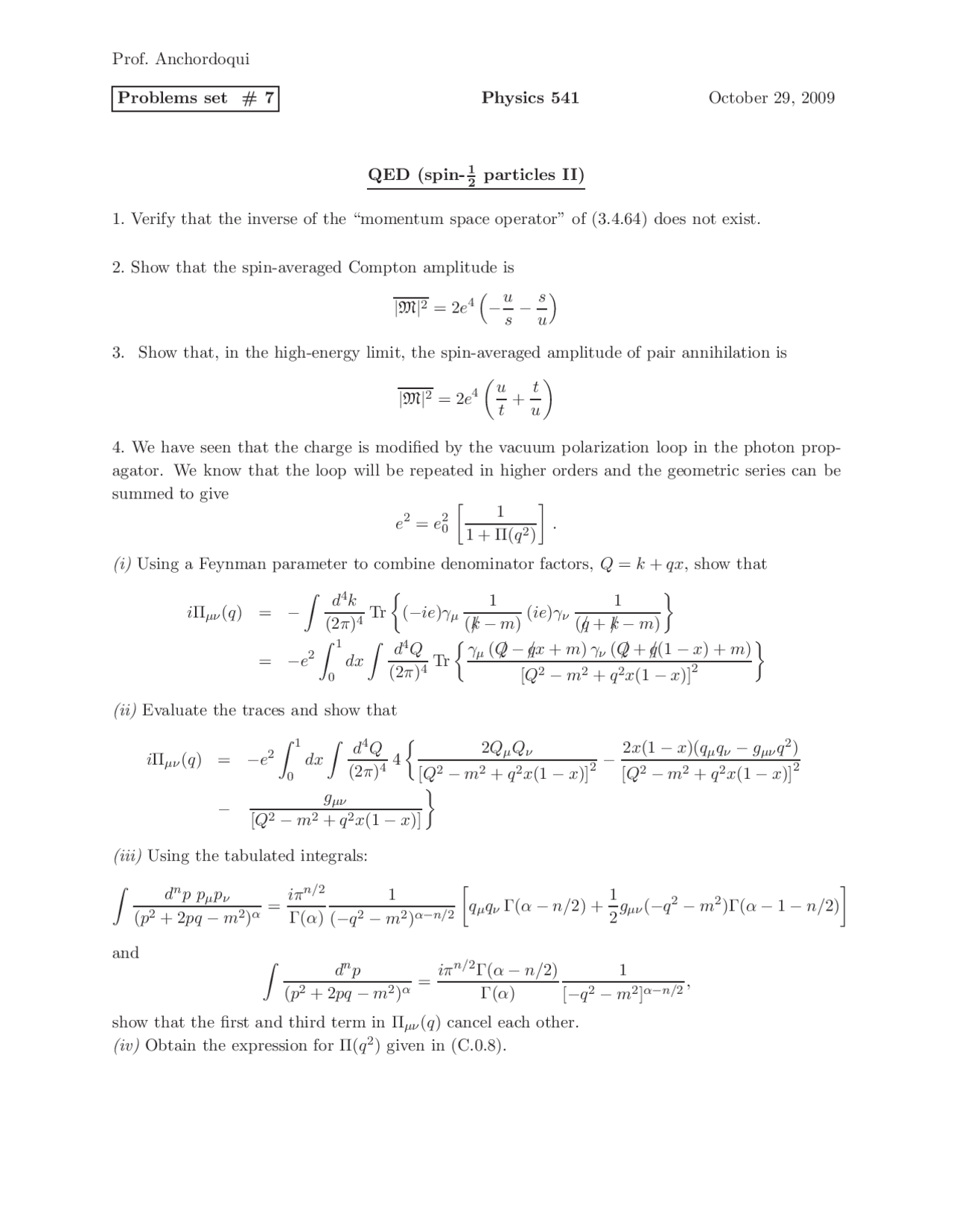 Physics 541: Verifying Spin-1 Particle Properties in Set #7 - Prof. Luis Anchordoqui ...