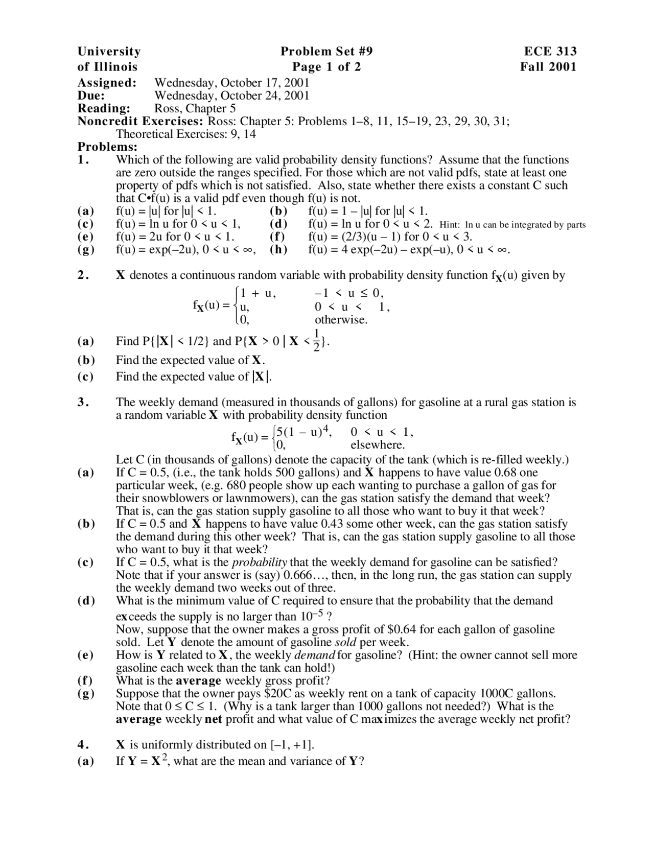 Probability with Engineering Applications - Problem Set 9 | ECE 313 ...