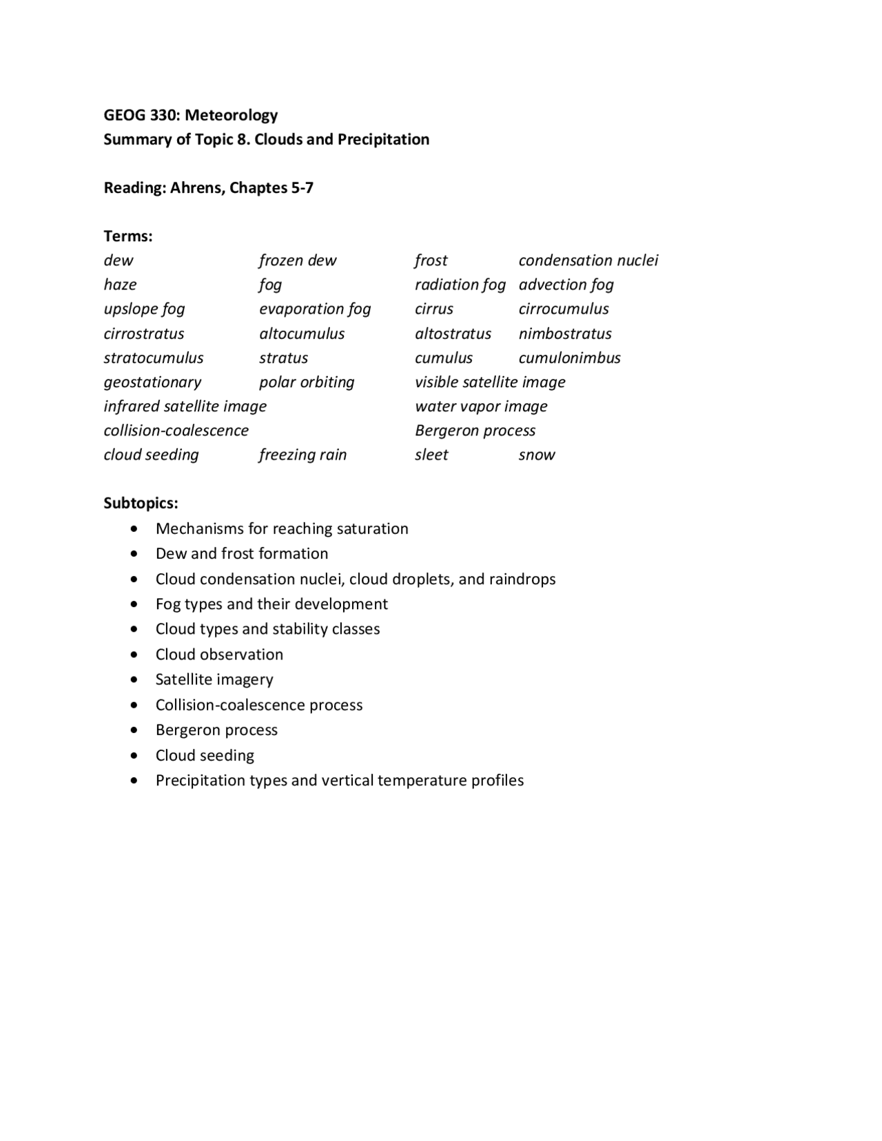 Clouds and Precipitation – Meteorology | GEOG 330 - Docsity