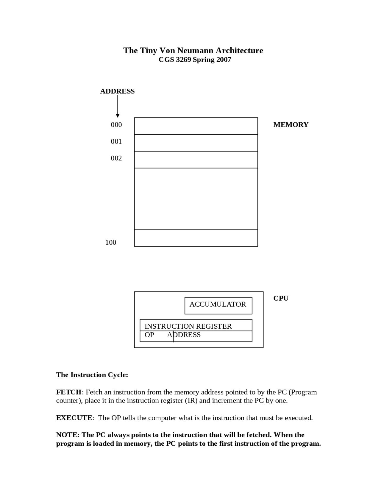 Notes On The Tiny Von Neumann Architecture Concepts Cgs 3269 Docsity