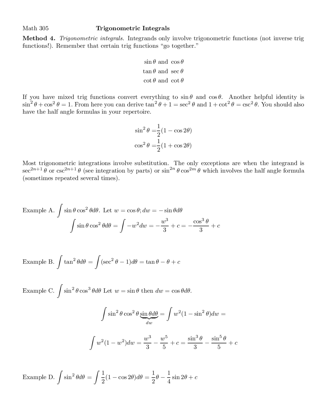 Solved Methods On The Trigonometric Integrals Paper Math 305 Docsity