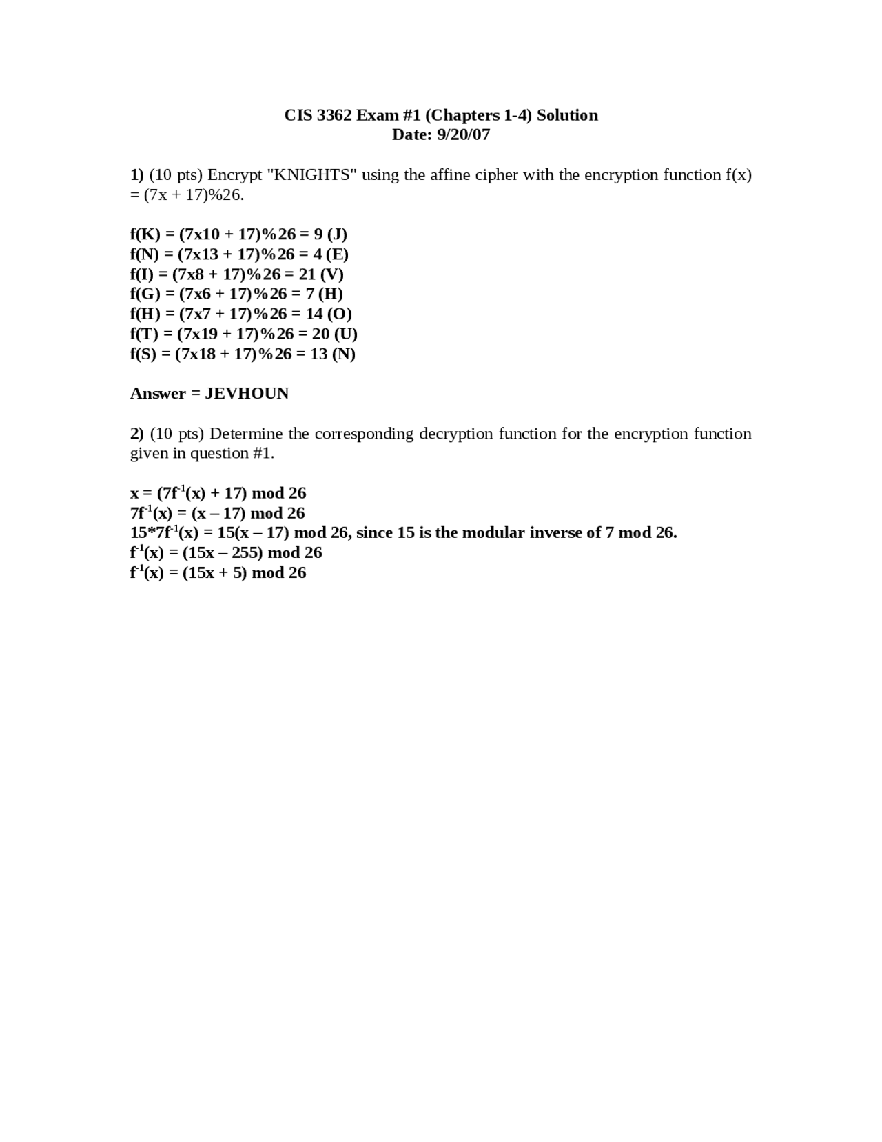 Exam 1 With Solution For Cryptography And Information Security Cis