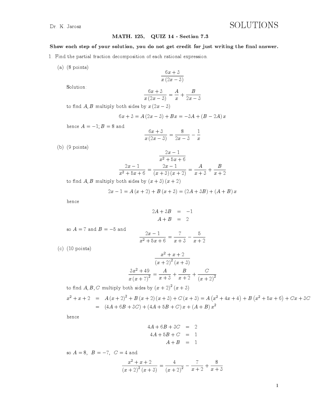 Precalculus Mathematics With Trigonometry Solutions To Quiz 14 Math
