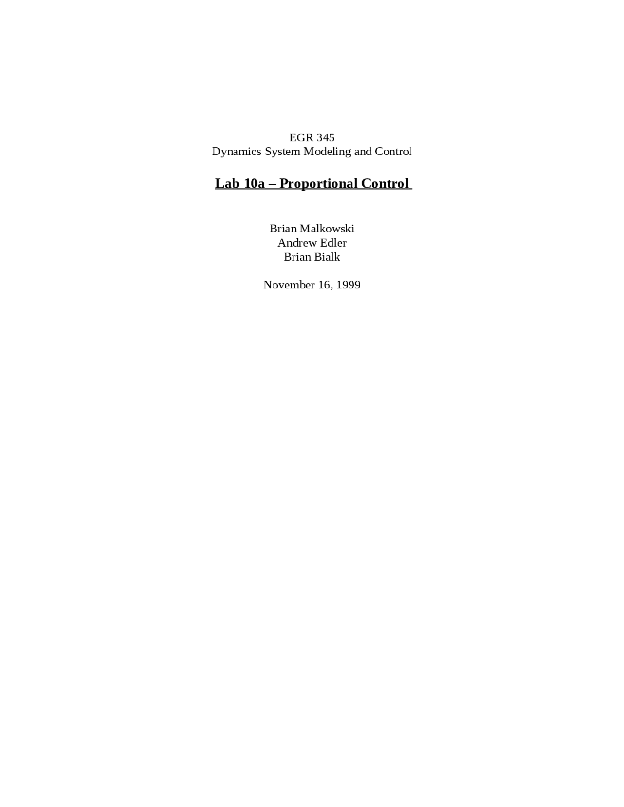 Lab 10a Proportional Control Dynamic System Modeling And Control